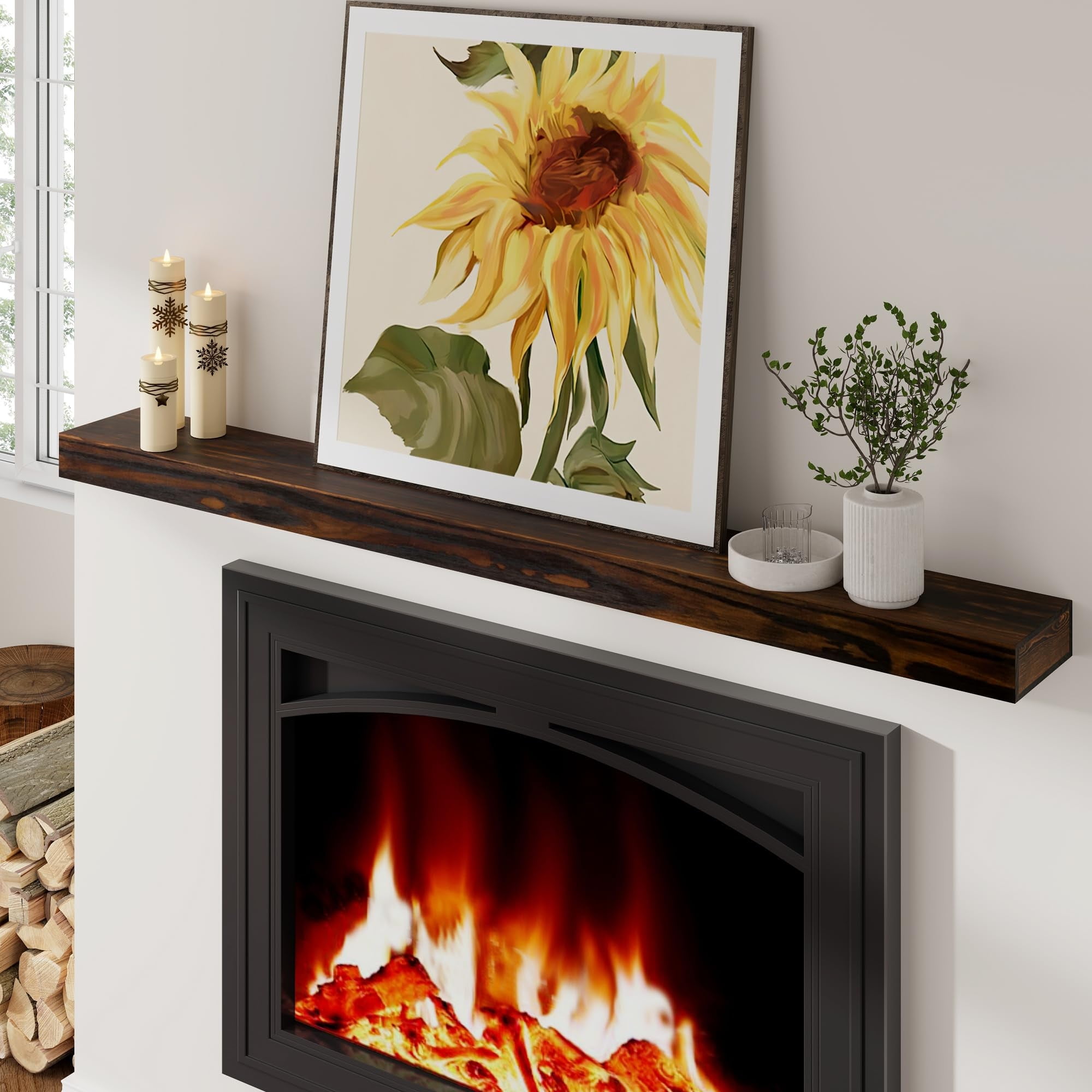 60in. Solid Wood Rustic Finish Fireplace Mantel Wall Mounted Floating ...