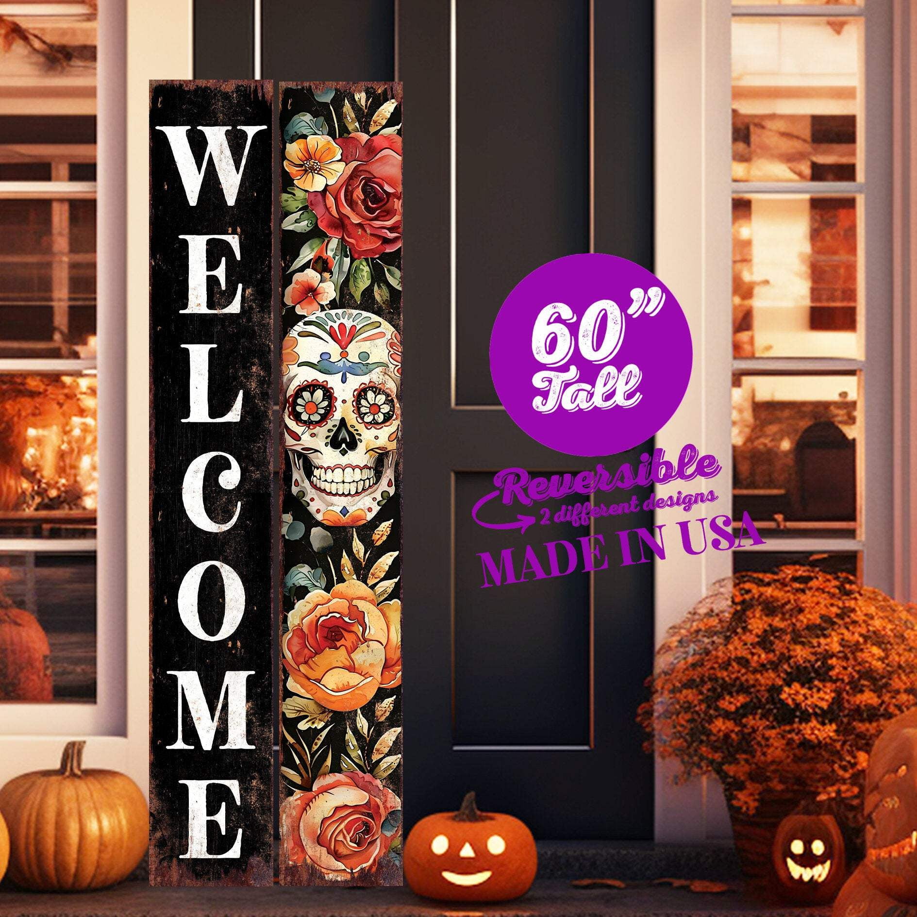 60in Welcome Sign - Dia De Los Muertos Sugar Skull Porch Sign - Vintage ...