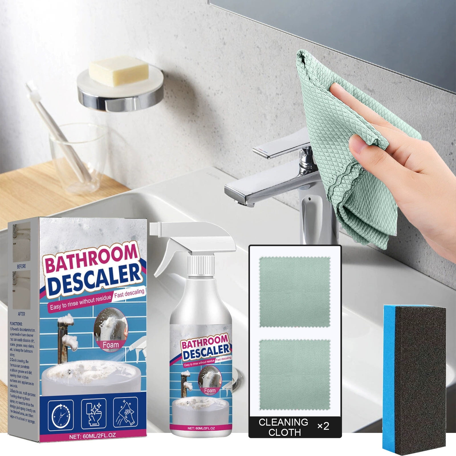 60ml Bathroom Cleaner Kit - Glass Descaler & Stain Remover with 2 X ...