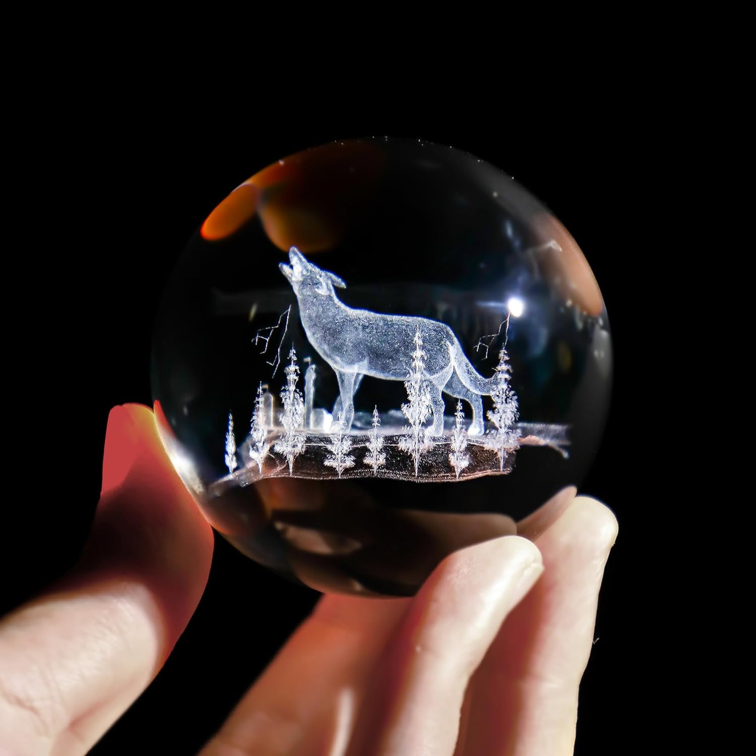 60mm Wolf Crystal Ball with Stand 3D Laser Engraved Animal Figurines ...