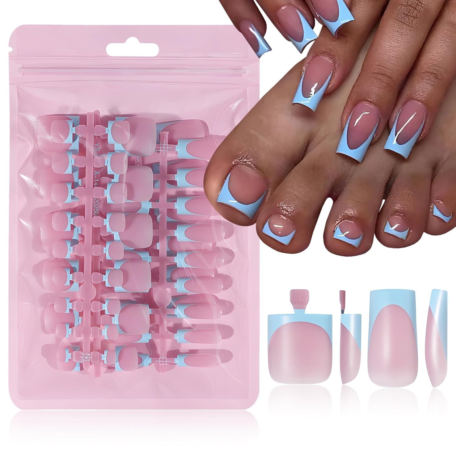 60pc Black French Tip Press on Nails Medium & Square Fake Toenails Kit ...