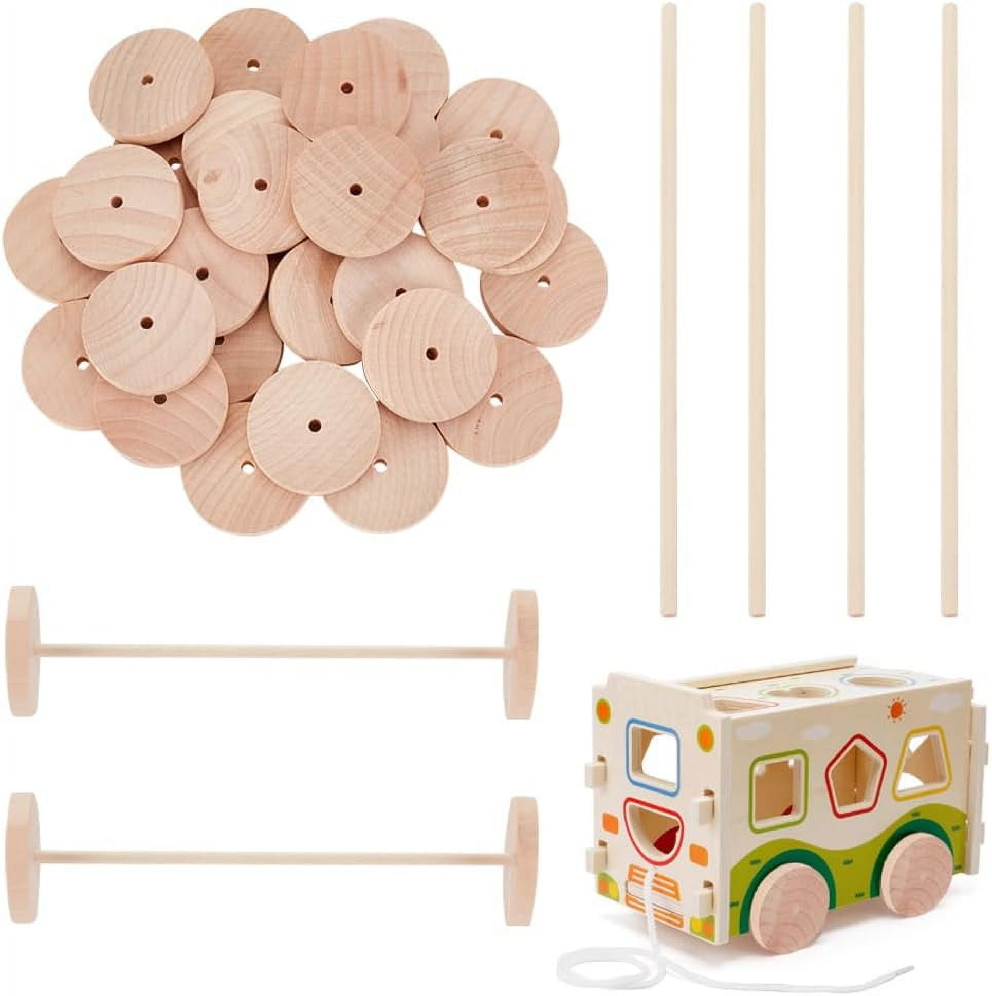 60pcs 1.5x0.2 inch Wooden Wheels with 30pcs 5.9 inch Wooden Sticks ...
