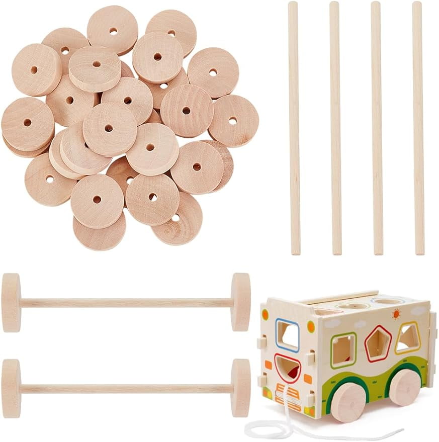 60pcs 1x0.2 inch Wooden Wheels with 30pcs 4 inch Wooden Sticks ...