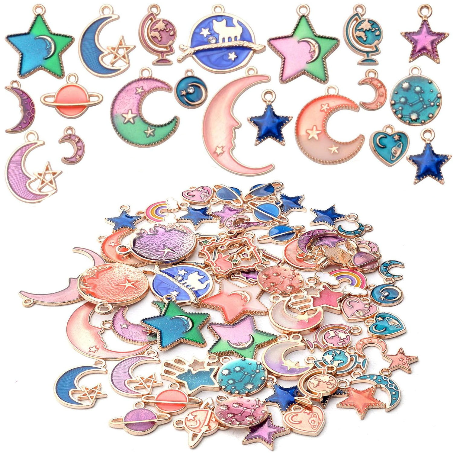 60pcs 3 Colors,Mixed Enamel Heart Moon Star Charms Celestial Charm ...