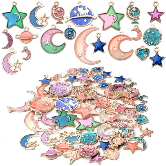 60pcs 3 Colors,Mixed Enamel Heart Moon Star Charms Celestial Charm ...