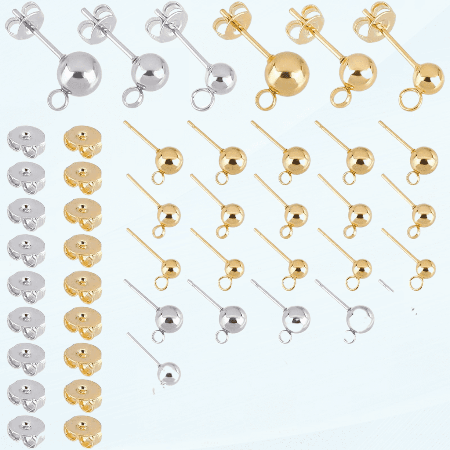 60pcs 3 Sizes 2 Colors Stainless Steel Ball Post Earring Studs with Loop Round Ball Earrings ...