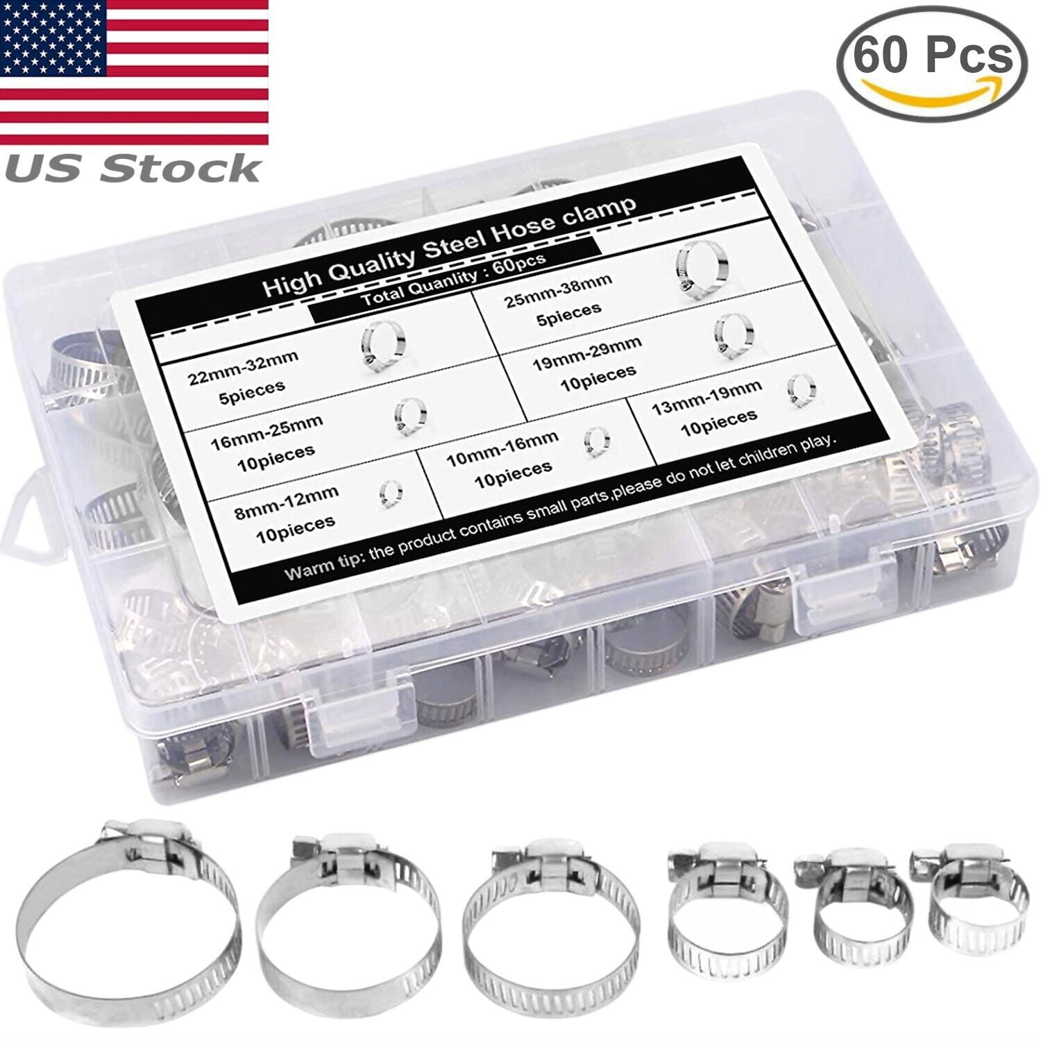 60pcs Adjustable Hose Clamps Worm Gear Stainless Steel Clamp Assortment ...