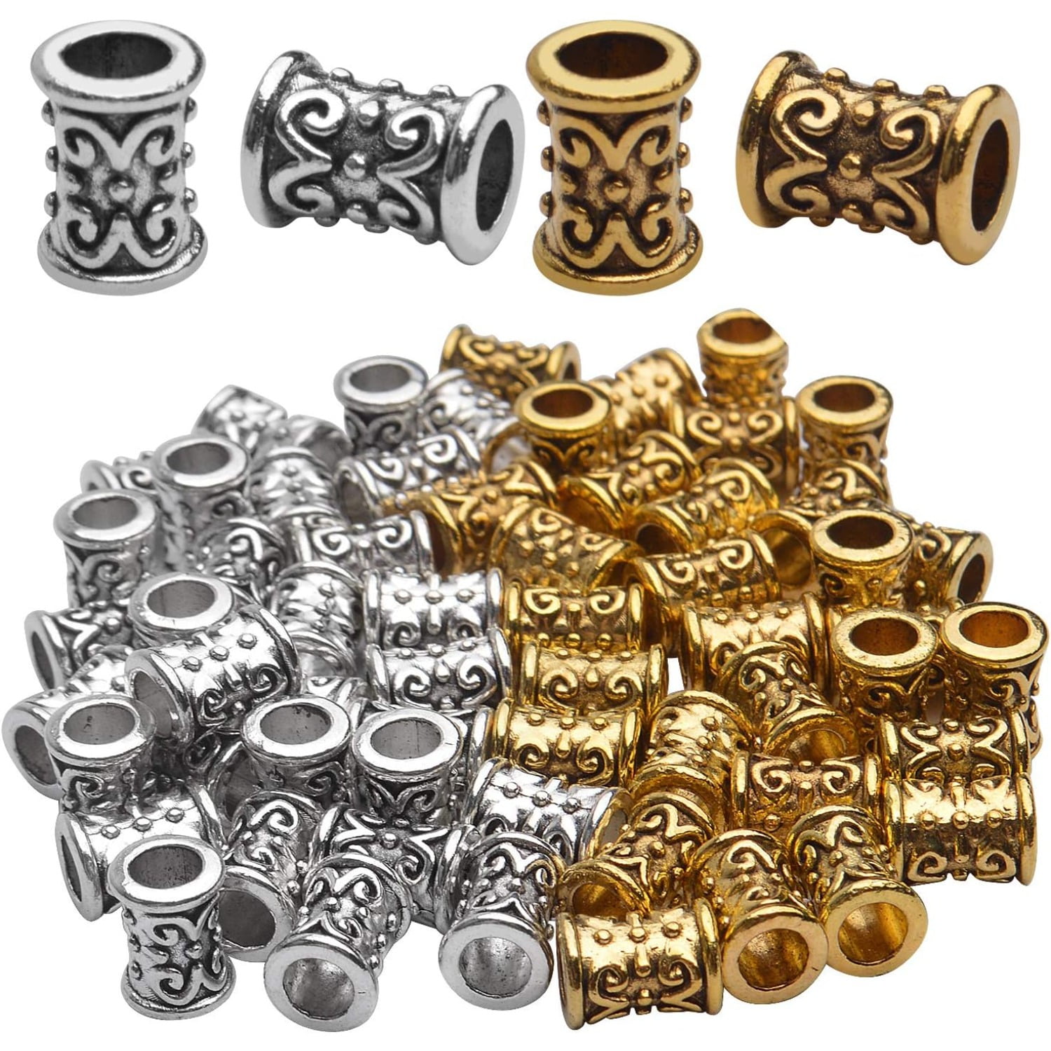 60pcs Alloy Column Spacer Bead Large Hole Tibetan Spacers Hollow Tube ...