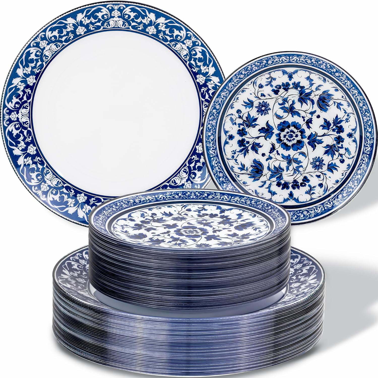 60pcs Blue Plastic Plates Set - Floral Blue & White Porcelain Design ...