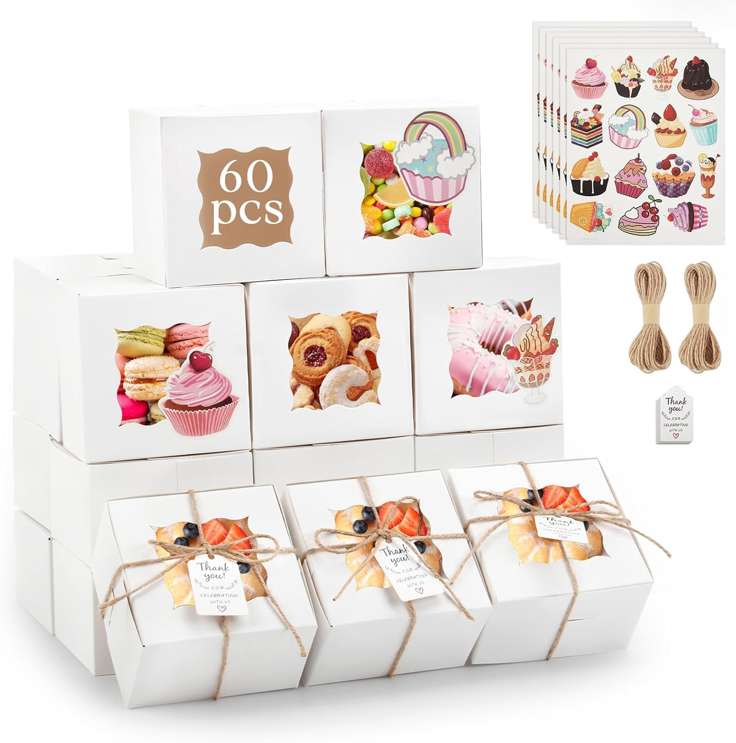 60pcs Cookie Boxes with Window, 4x4x2.5 Inch Bakery Treat Cake-Themed ...