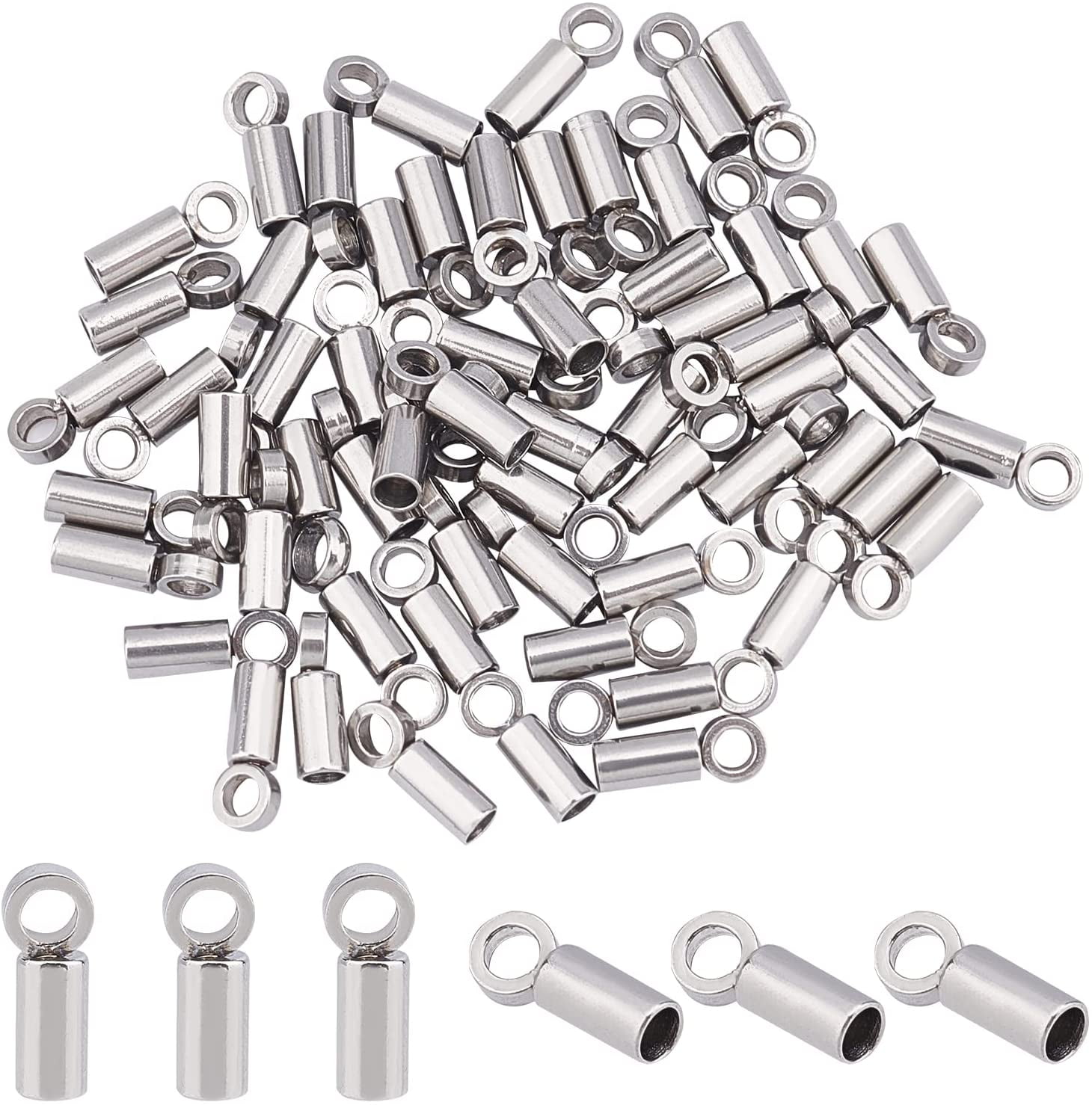 60pcs DIY Tube End Caps Stainless Steel Cord Ends 1mm Inner Diameter ...
