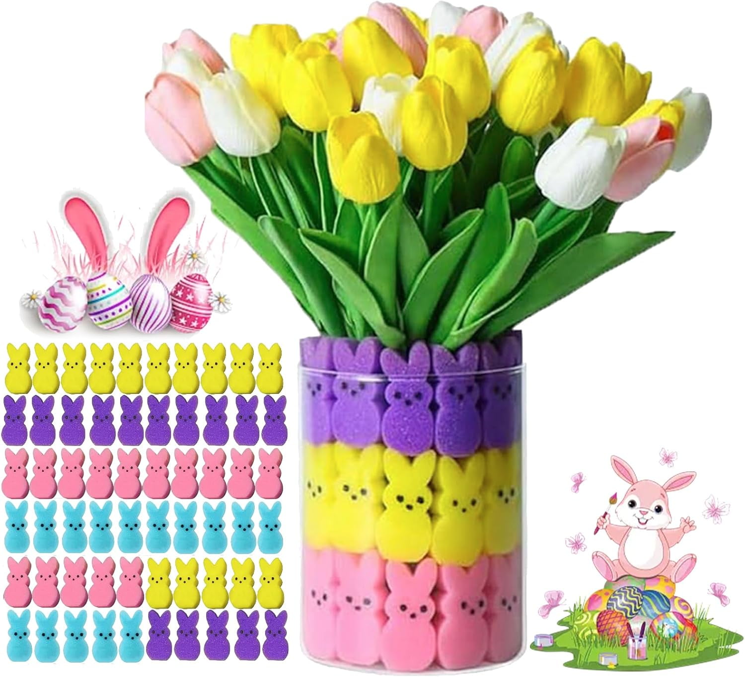 60pcs Easter Peep Sponges, Multicolor Easter Little Bunnies Peep Sponges Decor, Artificial Peeps ...