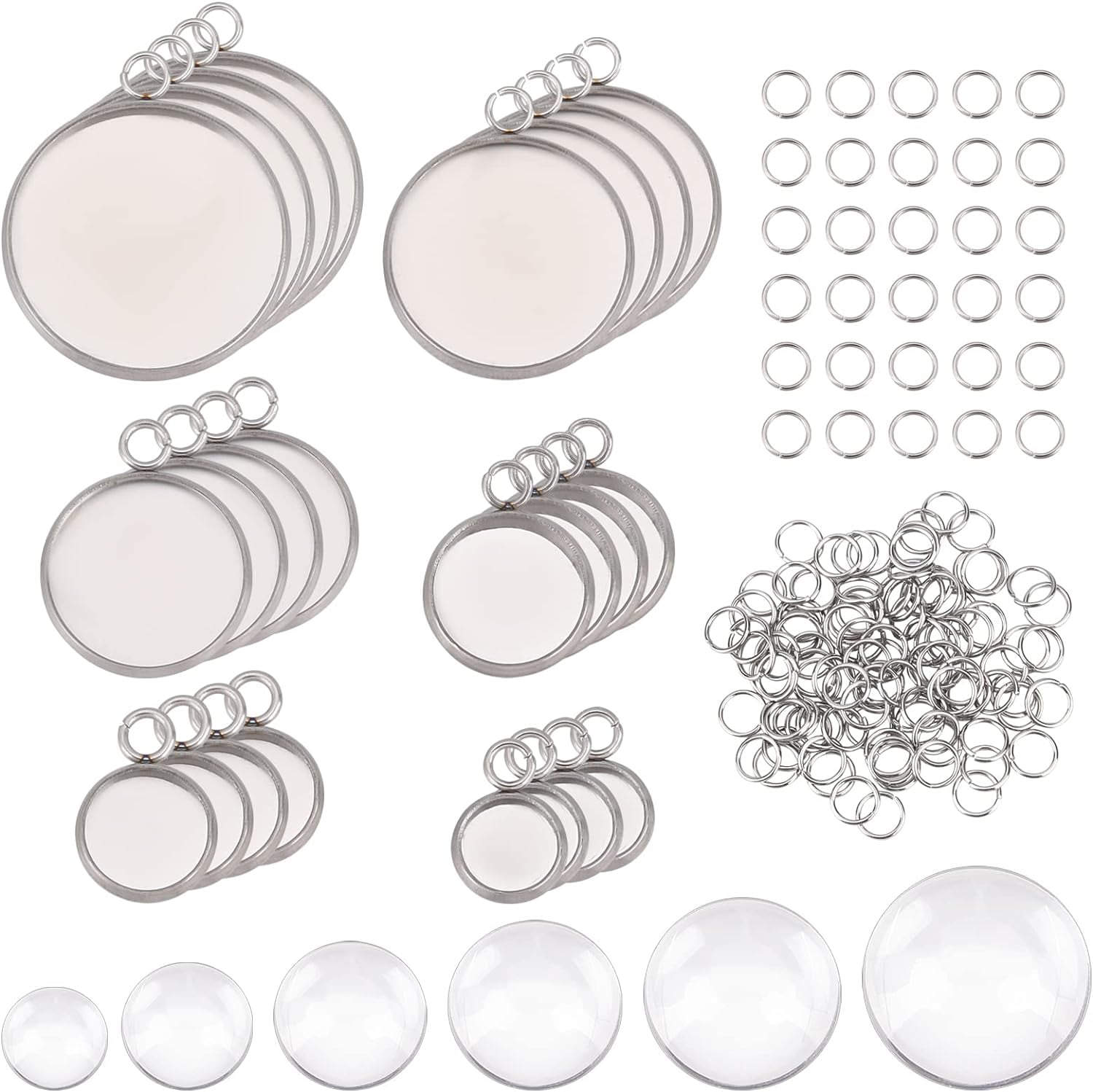 60pcs Flat Round Pendant Trays Bezel with Glass Cabochon Pendant Trays ...