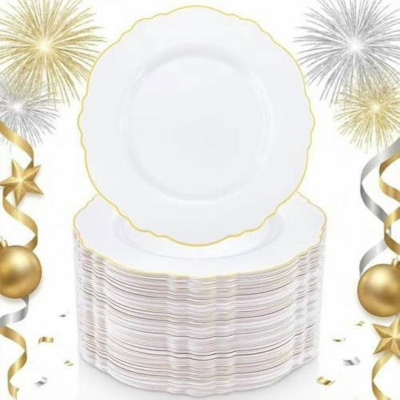 60pcs Gold Plastic Dinner Plates -10.25inch Baroque White and Gold ...
