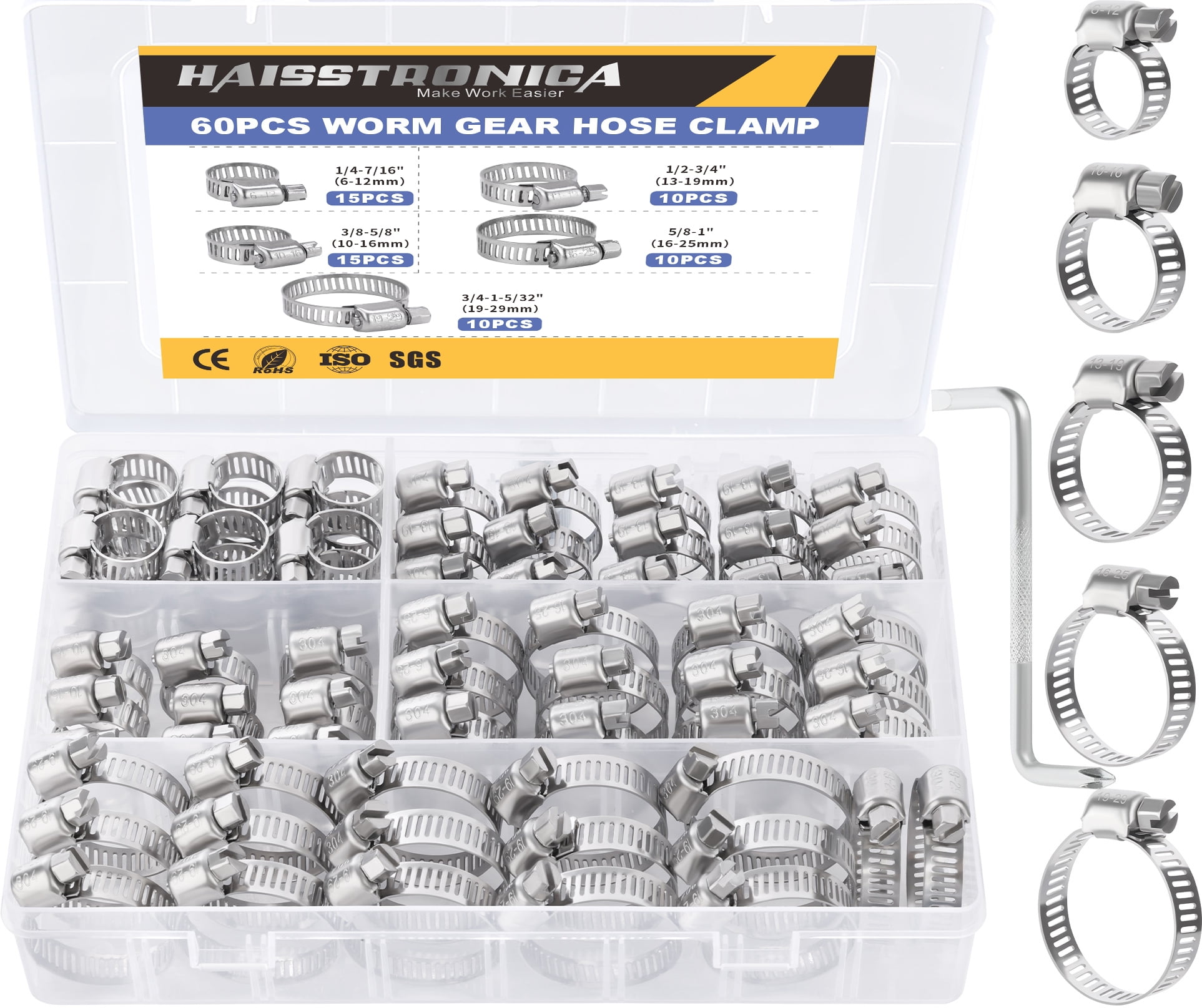 60PCS 304 Stainless Steel Hose Clamp Kit, Adjustable 1/4"-1-5/32"(6 ...