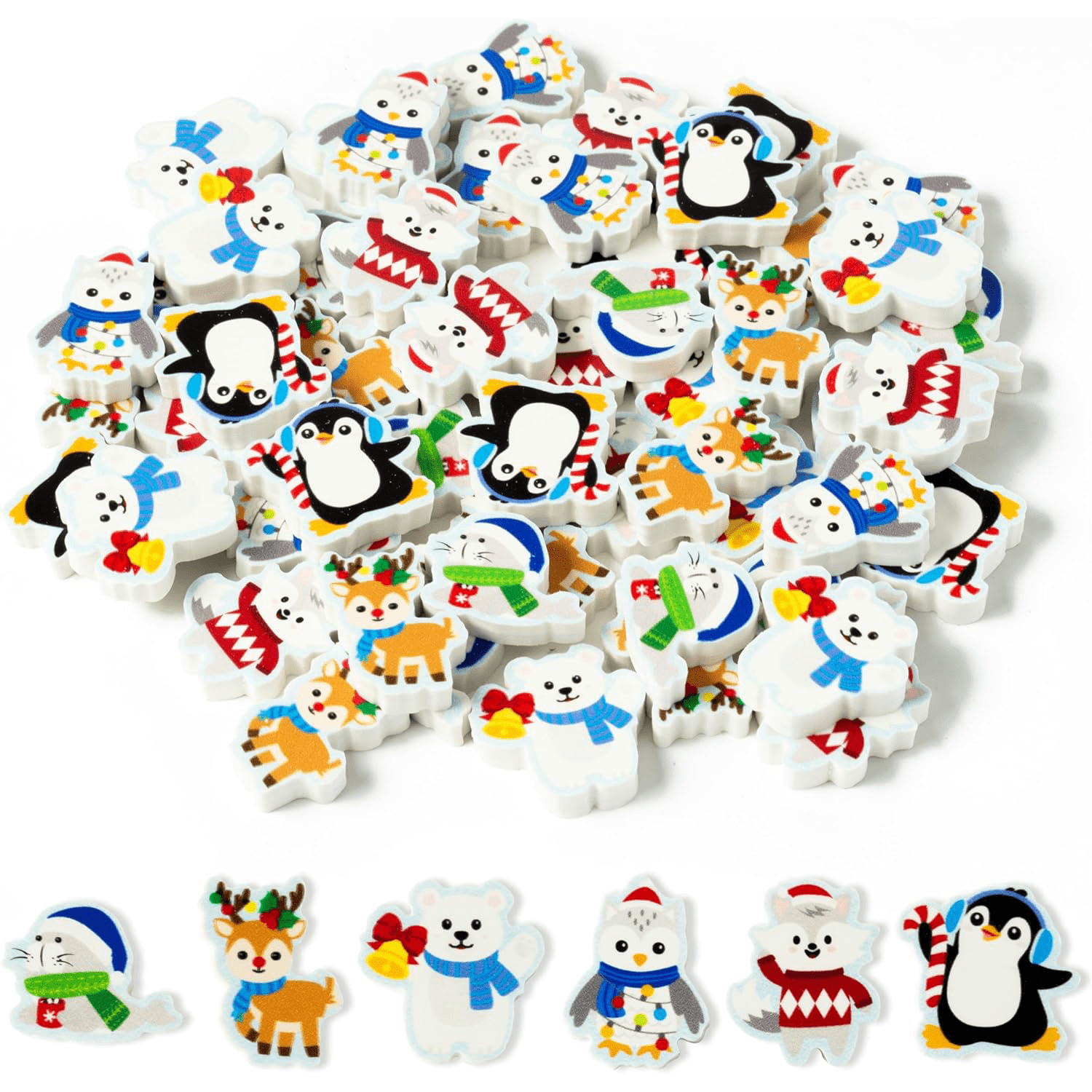60pcs Mini Christmas Polar Animals Eraser,Cute Animal Pencil Erasers ...