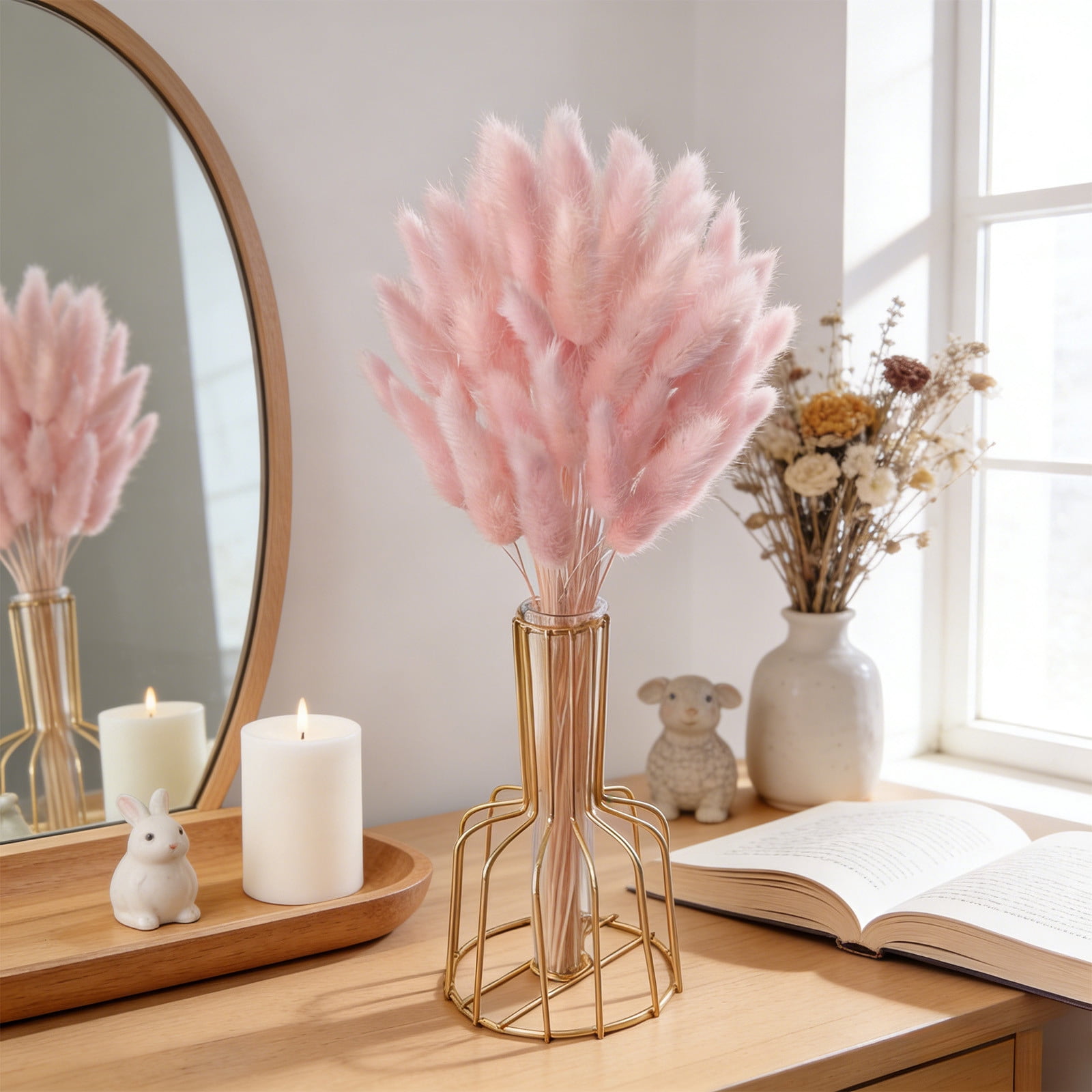 60pcs Pink Bunny Tails Dried Flower Bouquet - Boho Floral Sprigs with ...