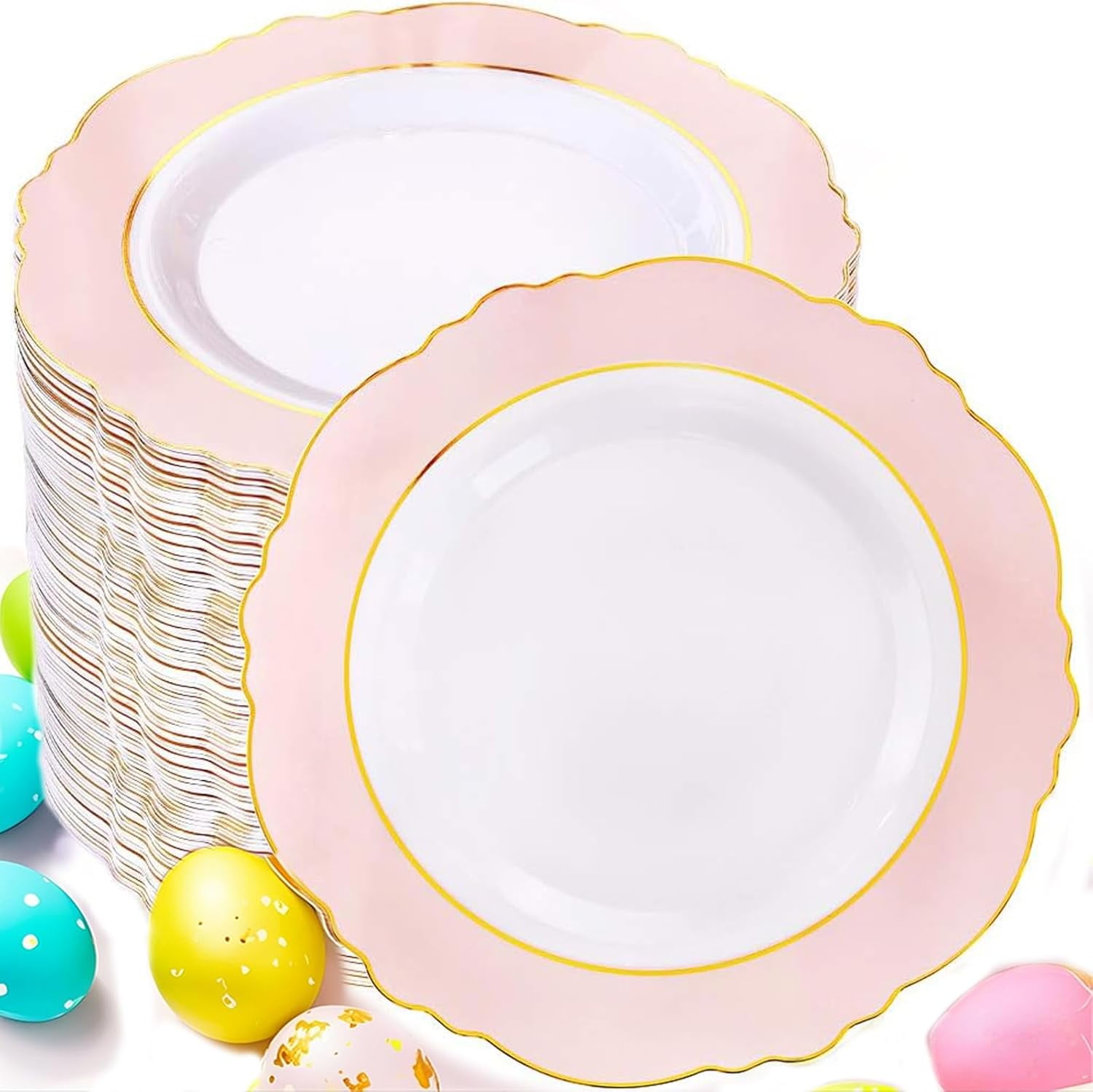 60pcs Pink Plastic Plates - 10.25inch Baroque Pink And Gold Disposable ...