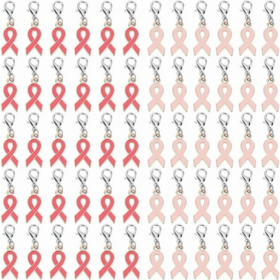 60pcs Pink Red Ribbon Charm Pendants with Lobster Claw Clasps for ...