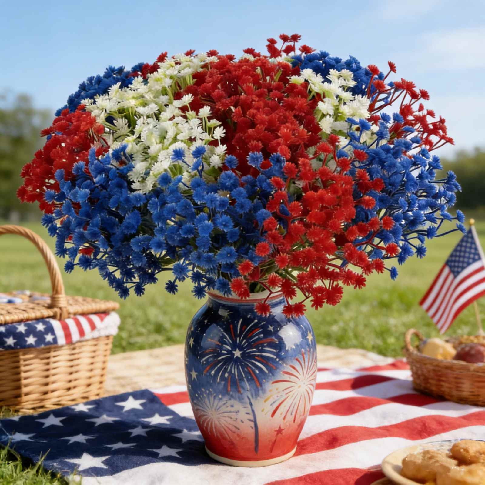 60pcs Red Blue and White Patriotic Artificial Flowers 4th of July 250th ...