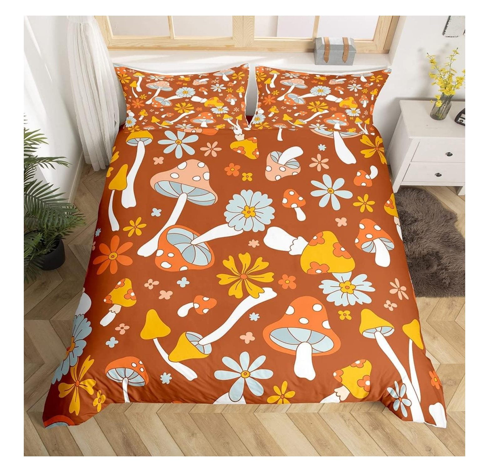 60s 70s Hippie Duvet Cover Queen for Children, Flowers Mushroom Print ...