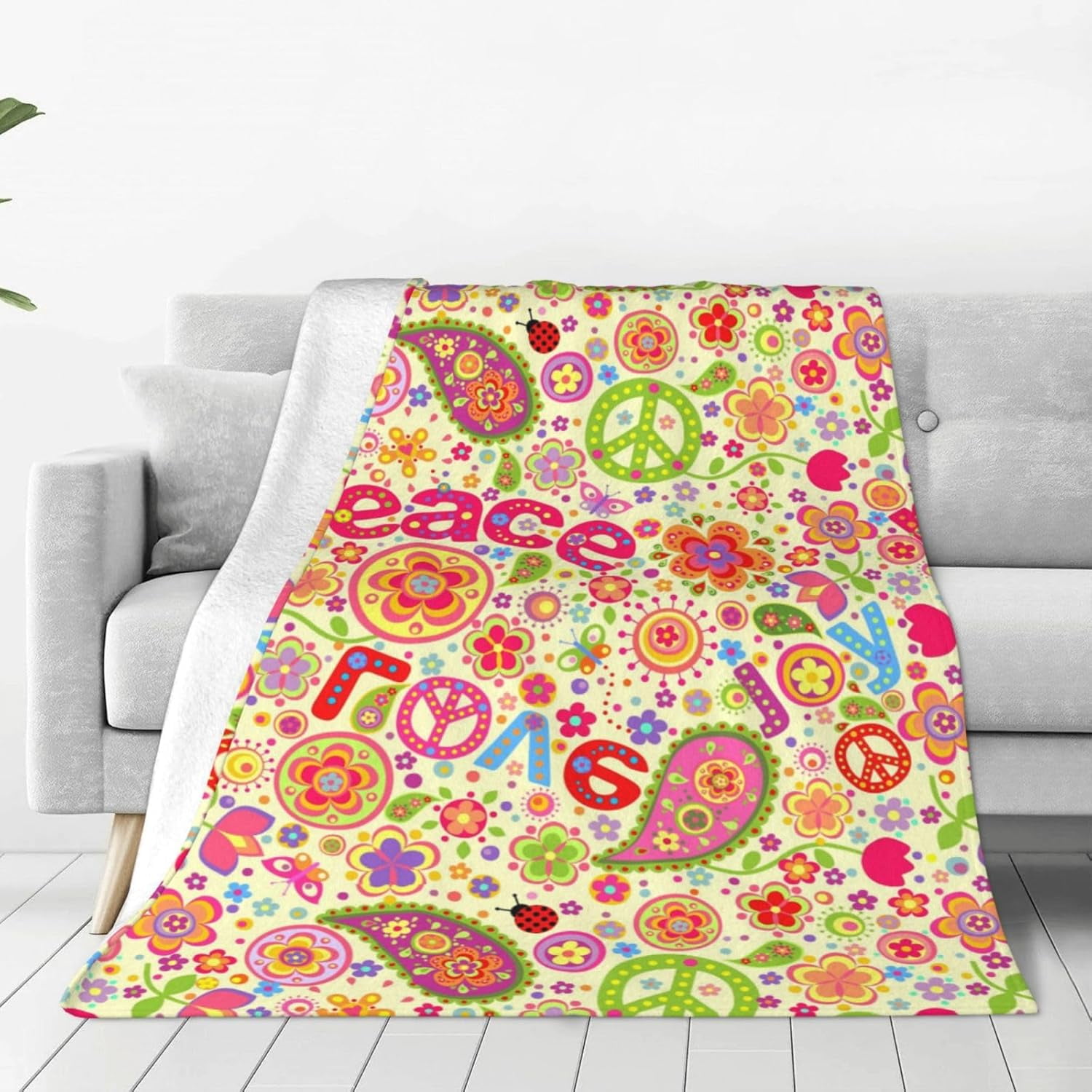 60s 70s Hippie Flowers Peace Sign Love Symbol Ultra-Soft Micro Flannel ...