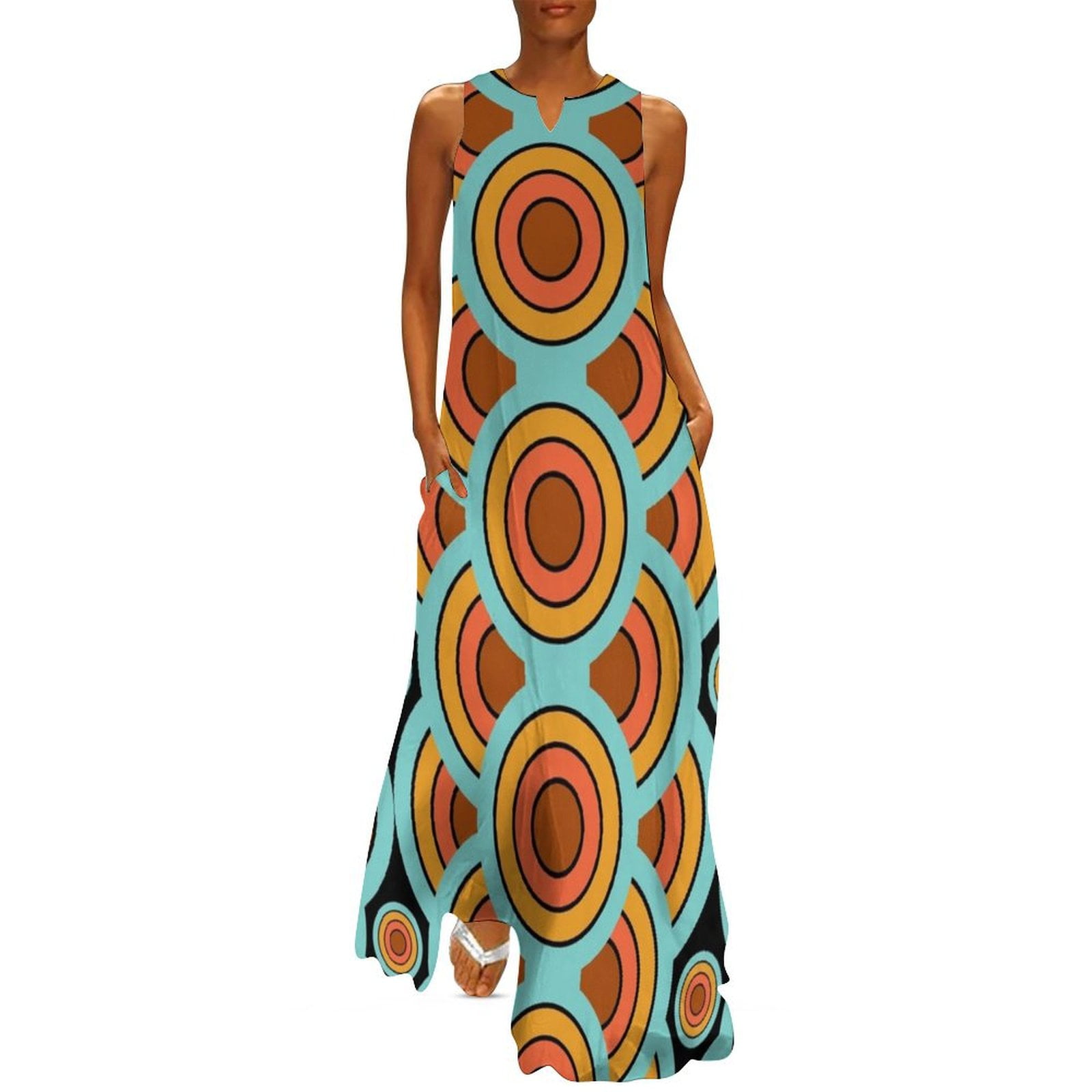 60s 70s Style - Retro Modern Circles - Vintage Mid-Century Long Dress ...