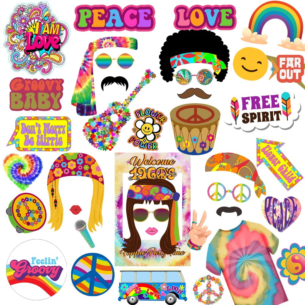 60s Hippie Photo Booth Props - 40pcs Groovy Party Decorations Throwback ...