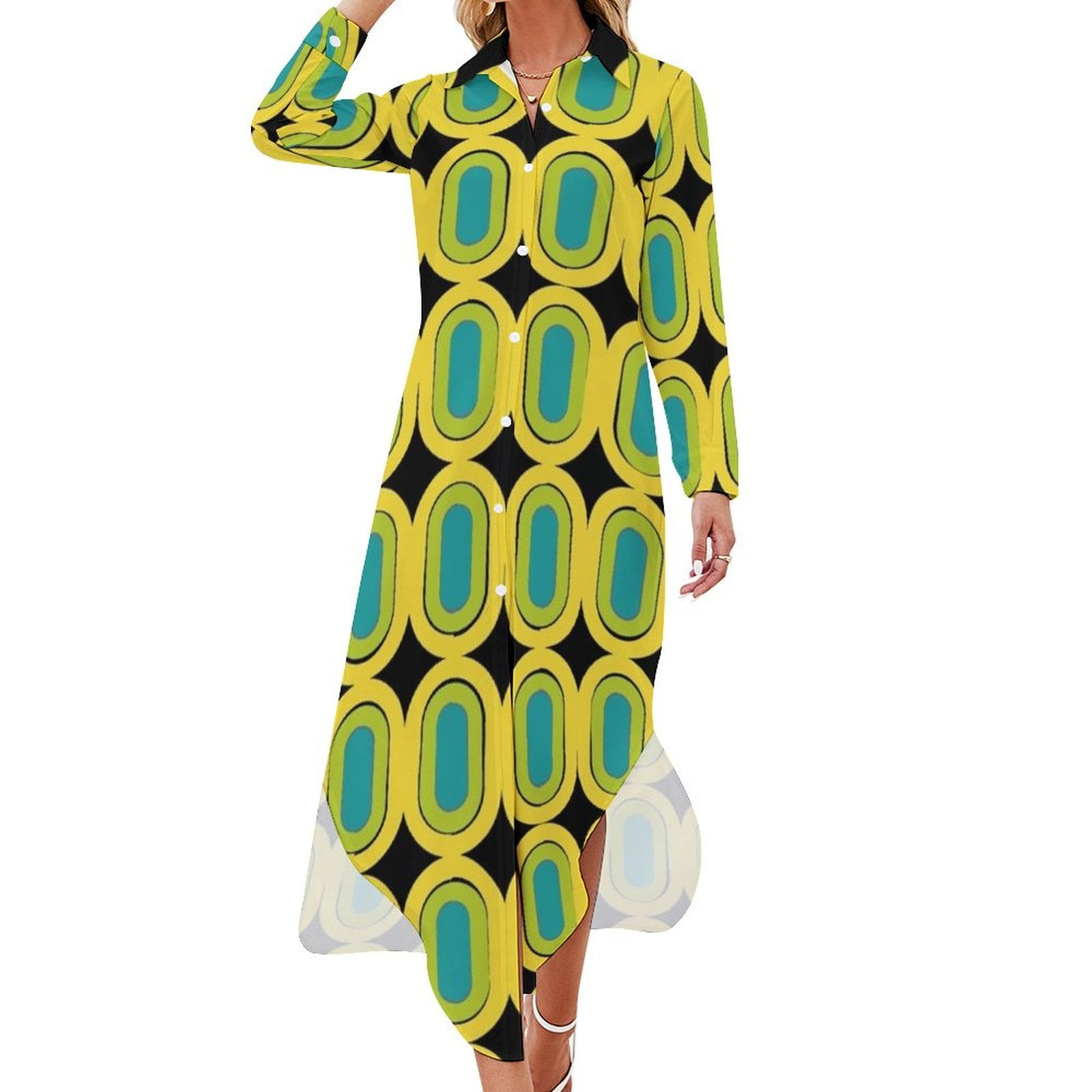 60s Mod Pattern - Yellow Long Sleeved Shirt Dress summer woman dress ...
