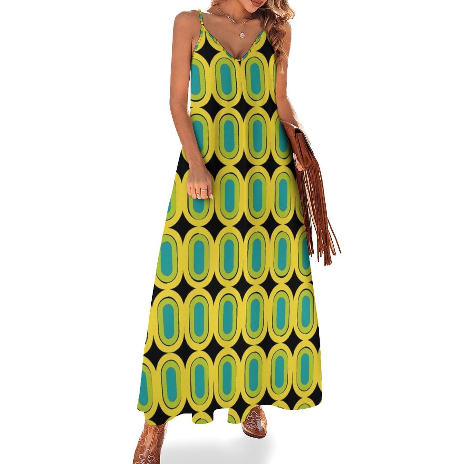 60s Mod Pattern - Yellow Sleeveless Dress bandage dress women evening dress Woman fashion ...