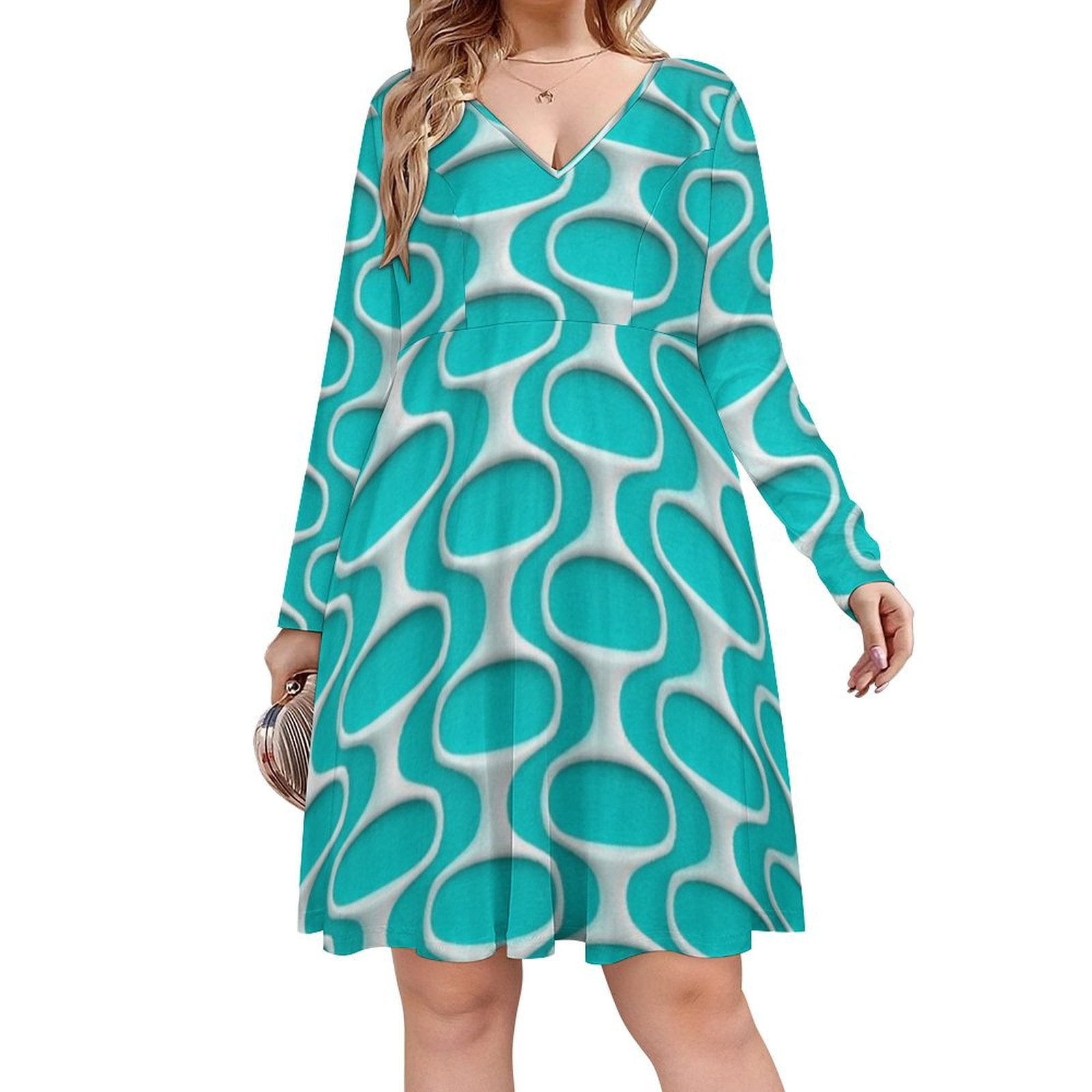 60s Mod Space Age Pattern Long Sleeve Dresses For Women Vintage Elegant Party Dress Oversized V ...