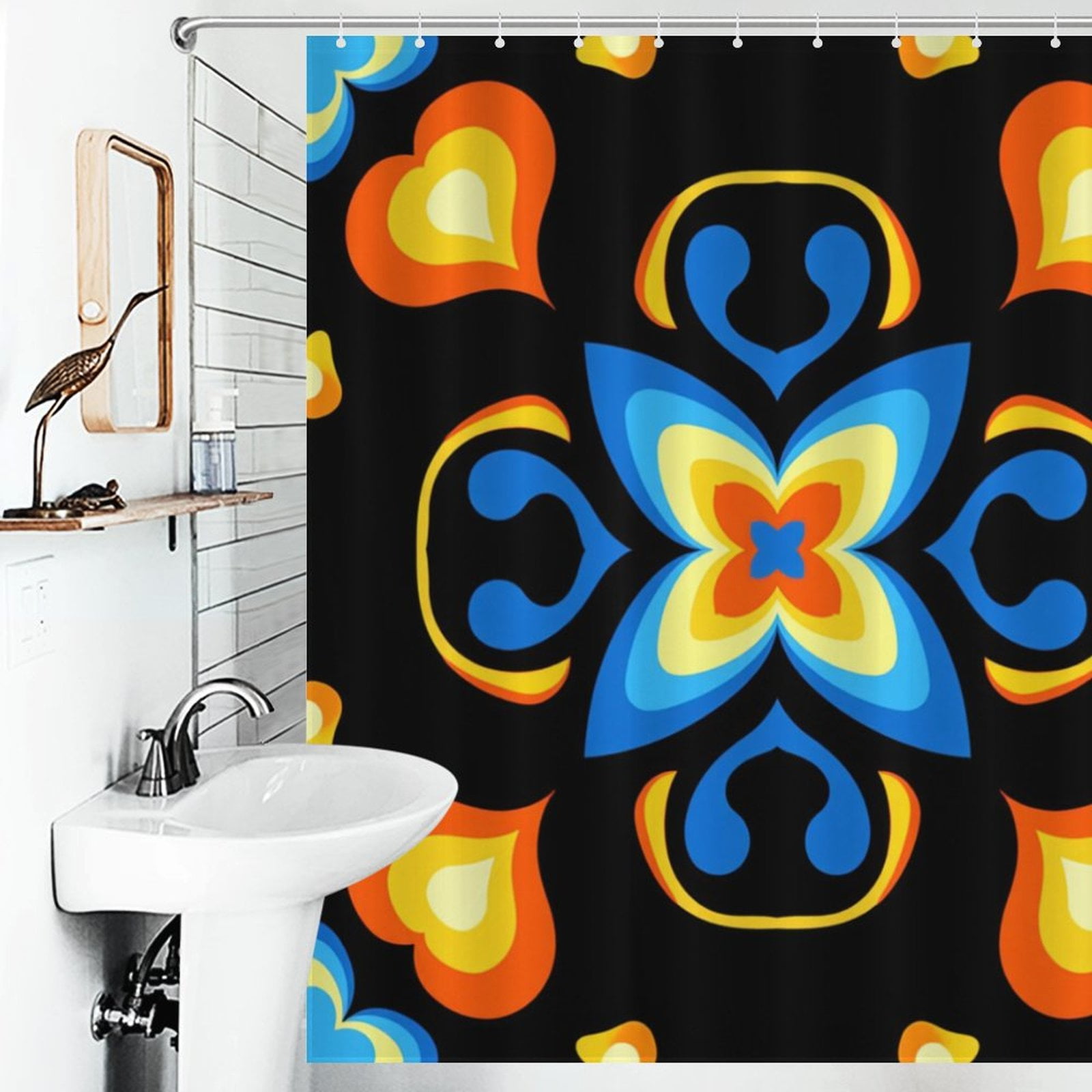 60s70s Hippy Flower Pattern Bathroom Curtain Waterproof Polyester ...