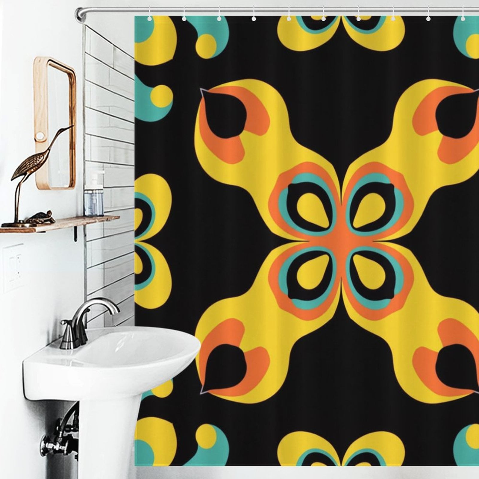 60s70s Hippy Flower Pattern Bathroom Curtain Waterproof Polyester ...