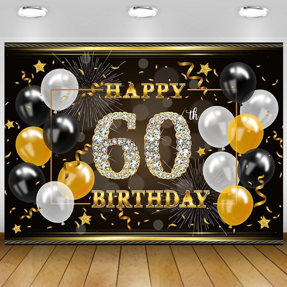 60th Birthday Backdrop Black Gold Birthday Backdrop for Men Silver ...