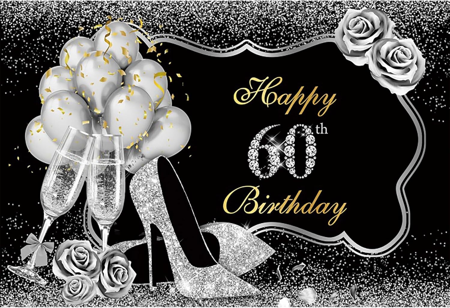 60th Birthday Backdrop Black Silver Theme Birthday Party Background ...