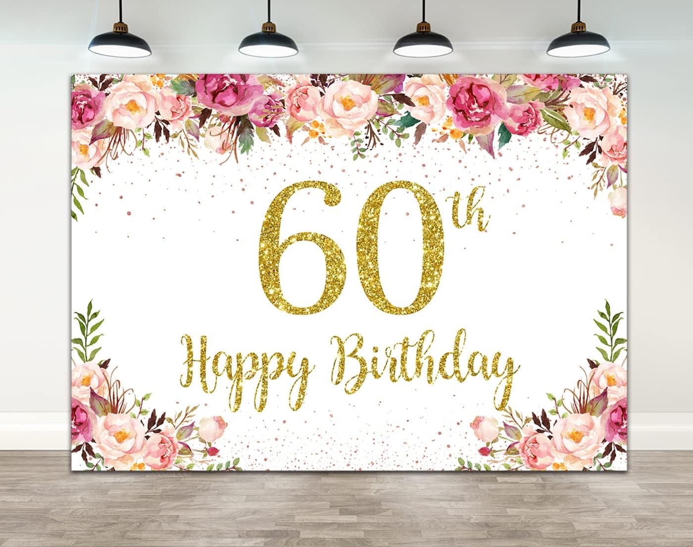 60th Birthday Backdrop for Women Pink Flower Golden Dots Photography ...