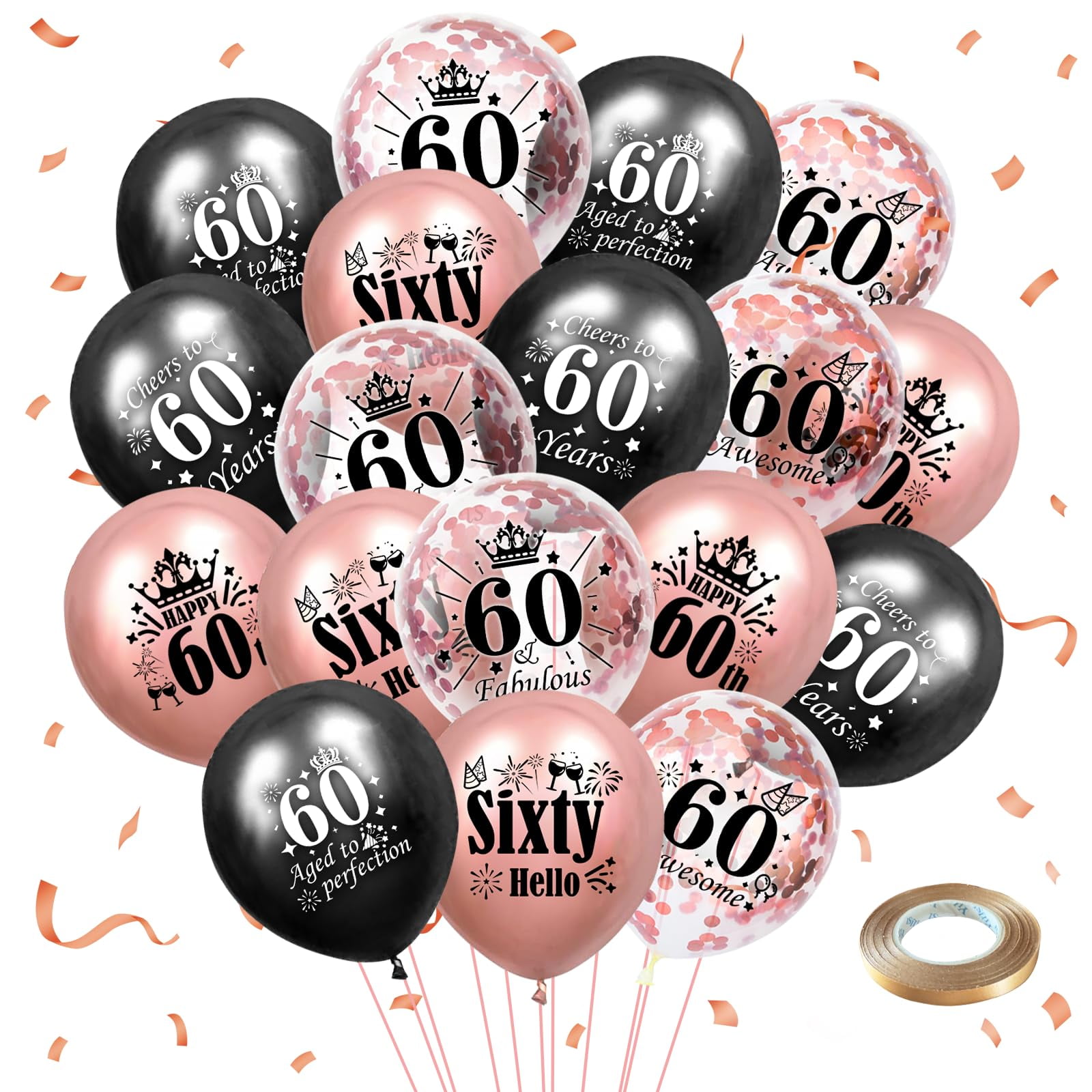 60th Birthday Balloons, 18pcs Black Rose ZLK1 Gold Happy 60th Birthday Decorations Cheers to 60 ...