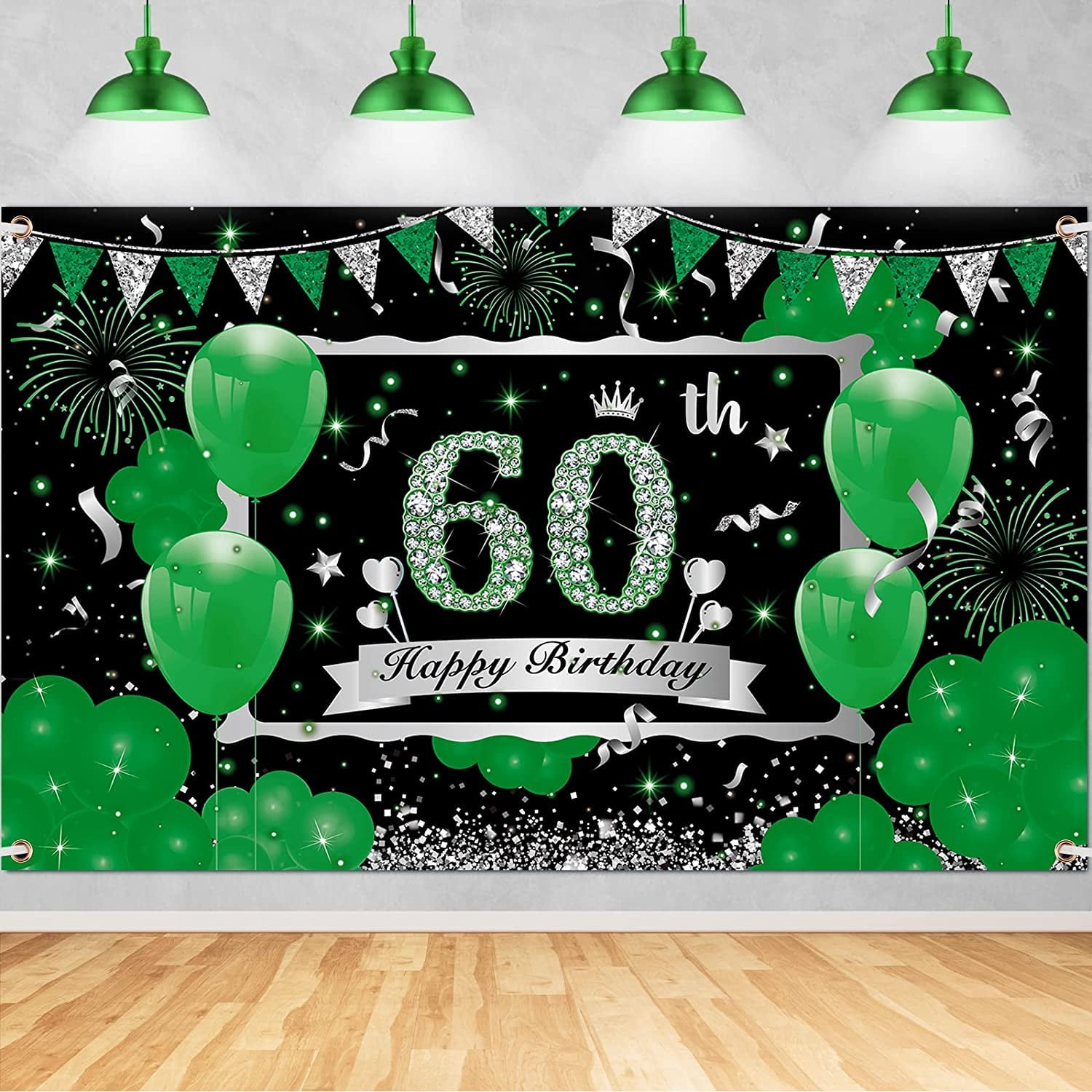60th Birthday Banner Decorations for Men Women Large Green Silver Happy ...