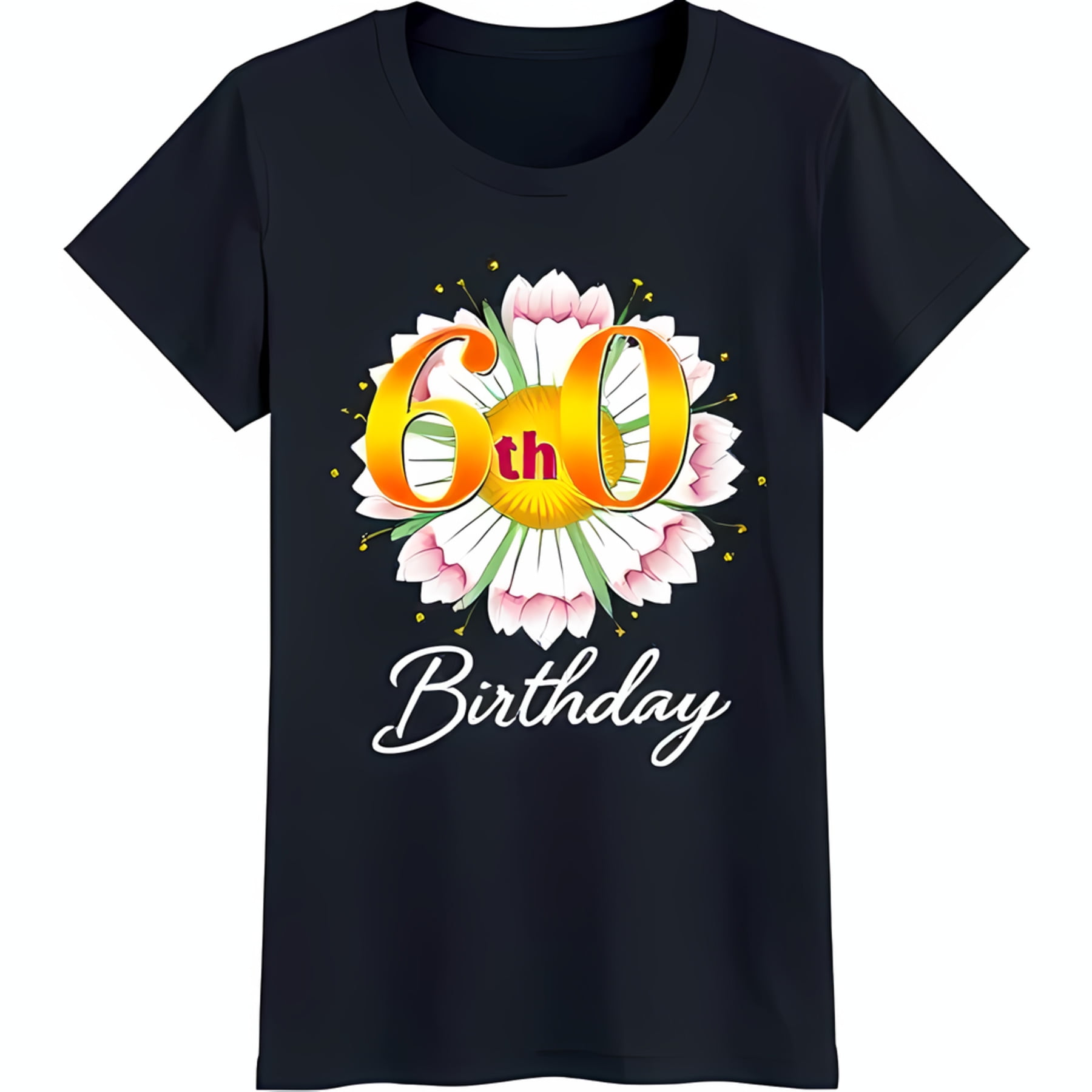 60th Birthday Black T-Shirt with Daisy Design Yellow & Number 60 White ...
