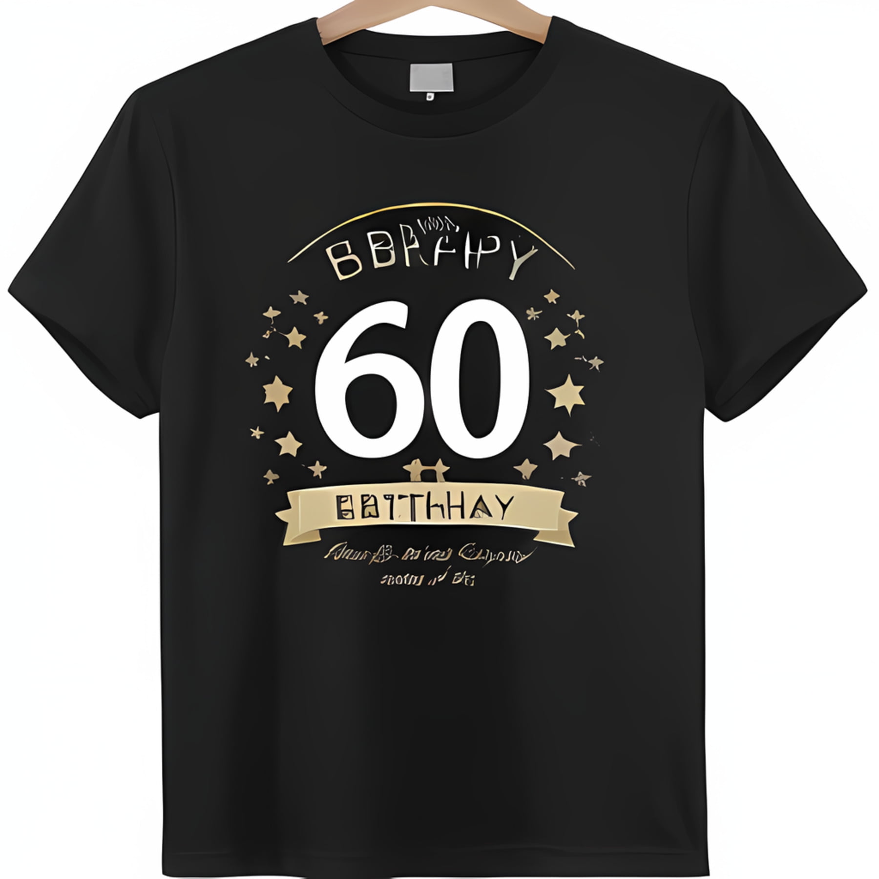 60th Birthday Black T-Shirt with Gold Stars & Cursive Banner Design ...