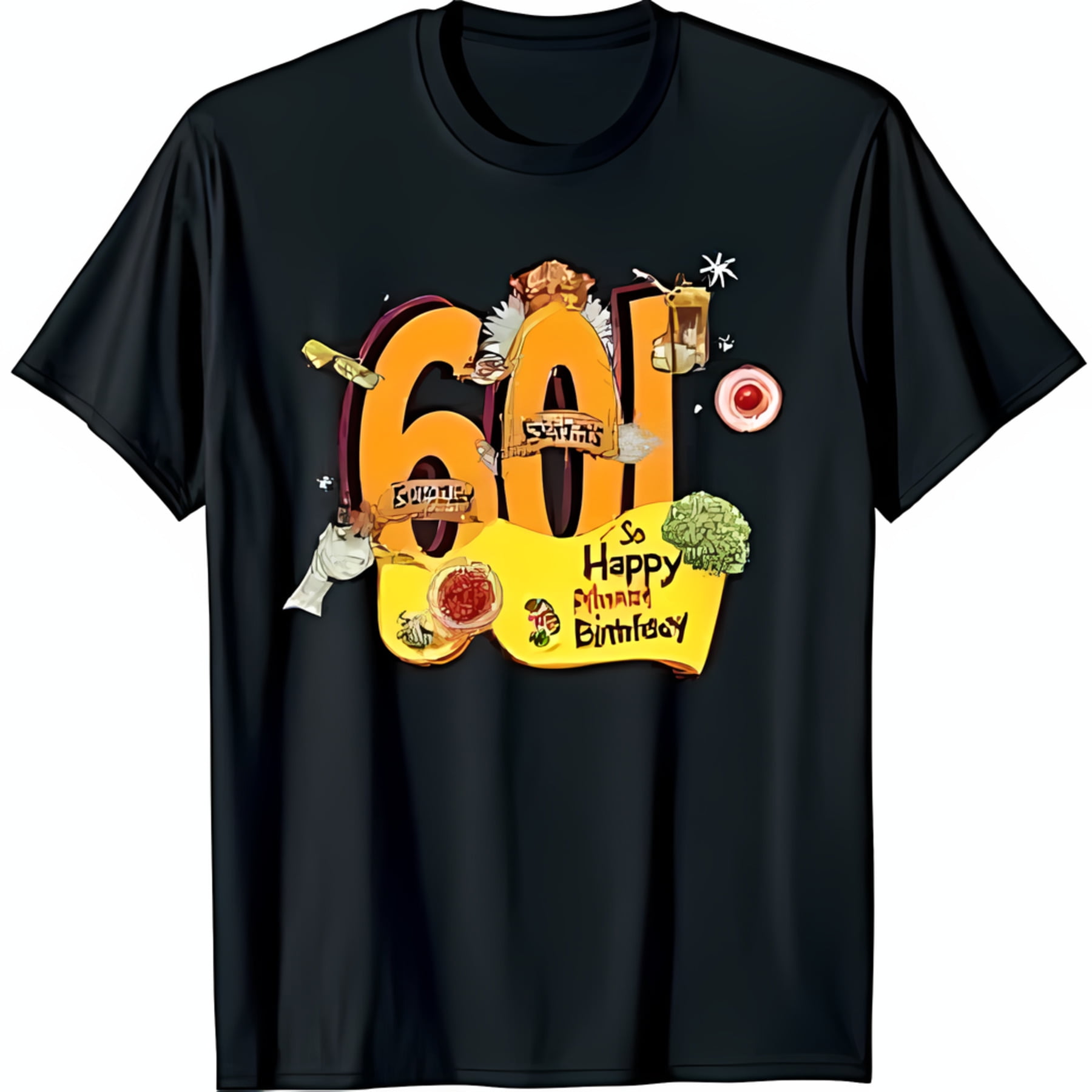60th Birthday Black T-Shirt with Yellow Crown & Drink Design So Happy ...