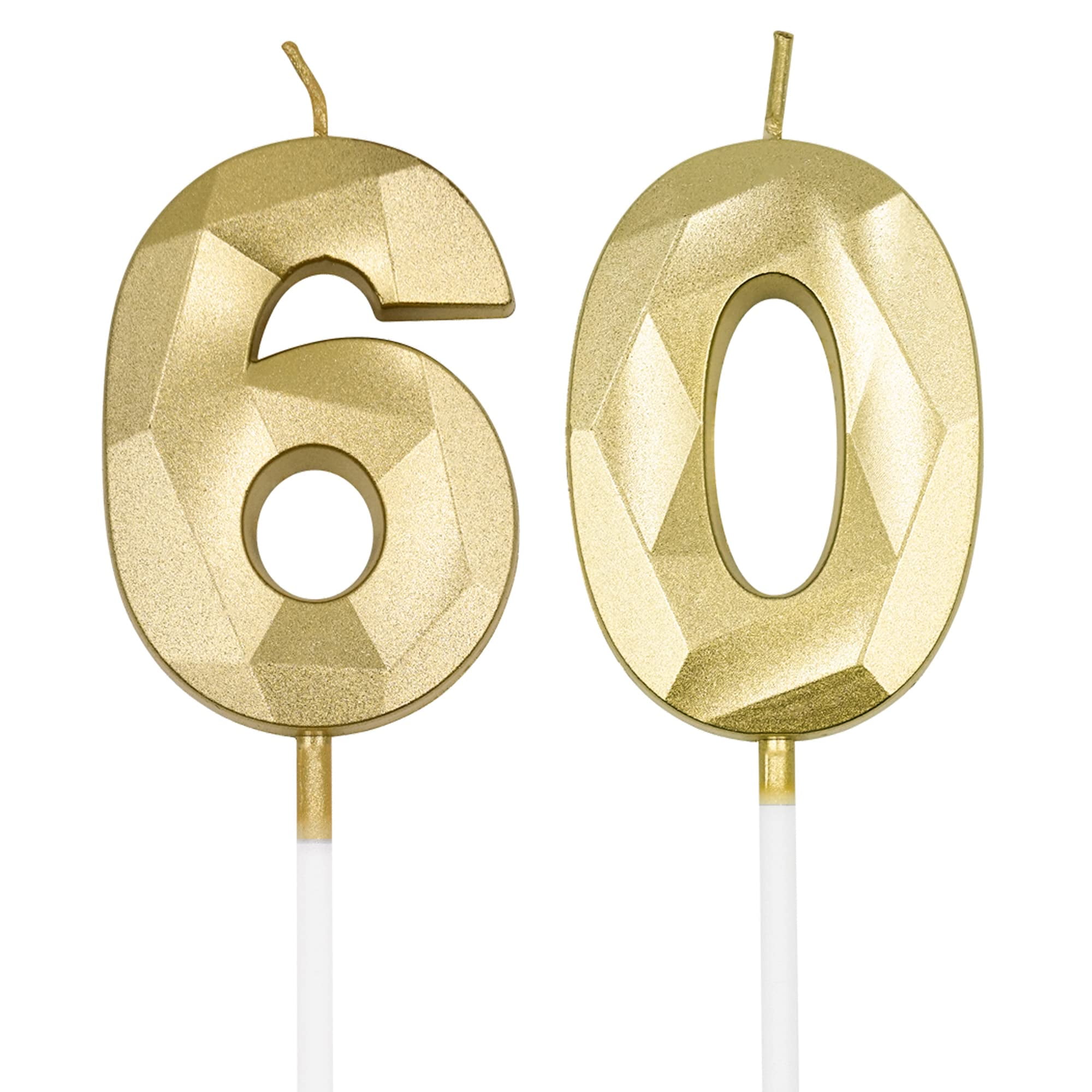 60th Birthday Candles for Cake, Gold Number 60 3D Diamond Shaped Candle ...