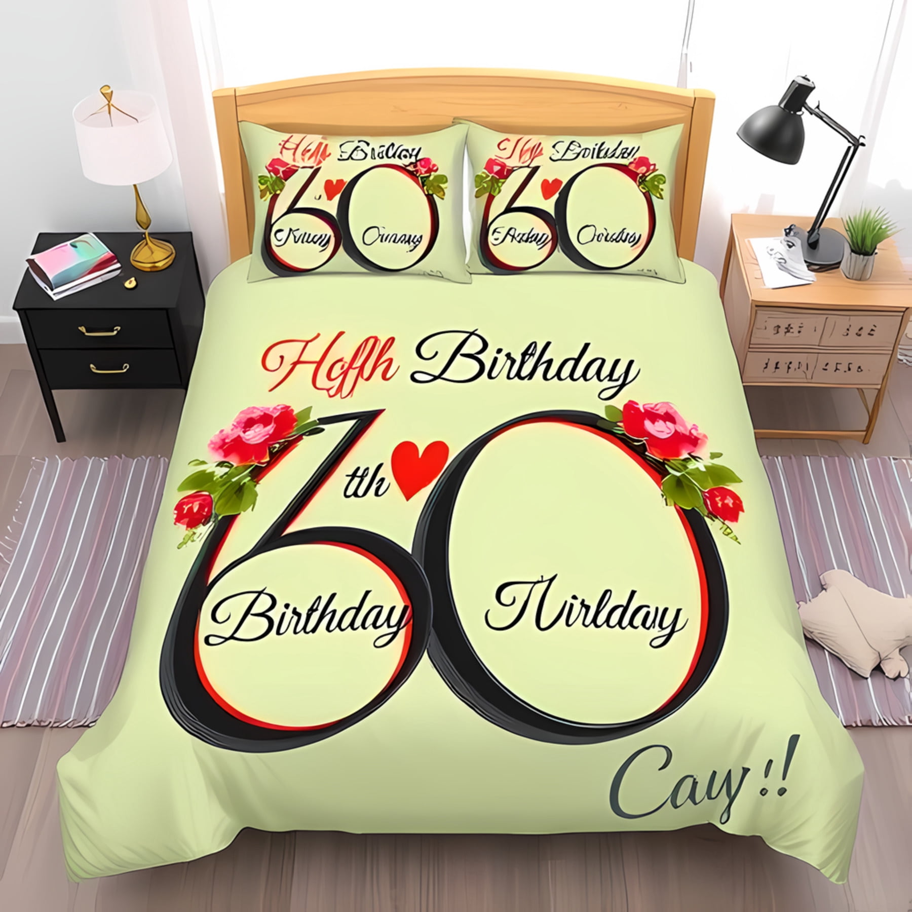 60th Birthday Celebration 3-Piece Duvet Cover Set - Light Green Floral ...