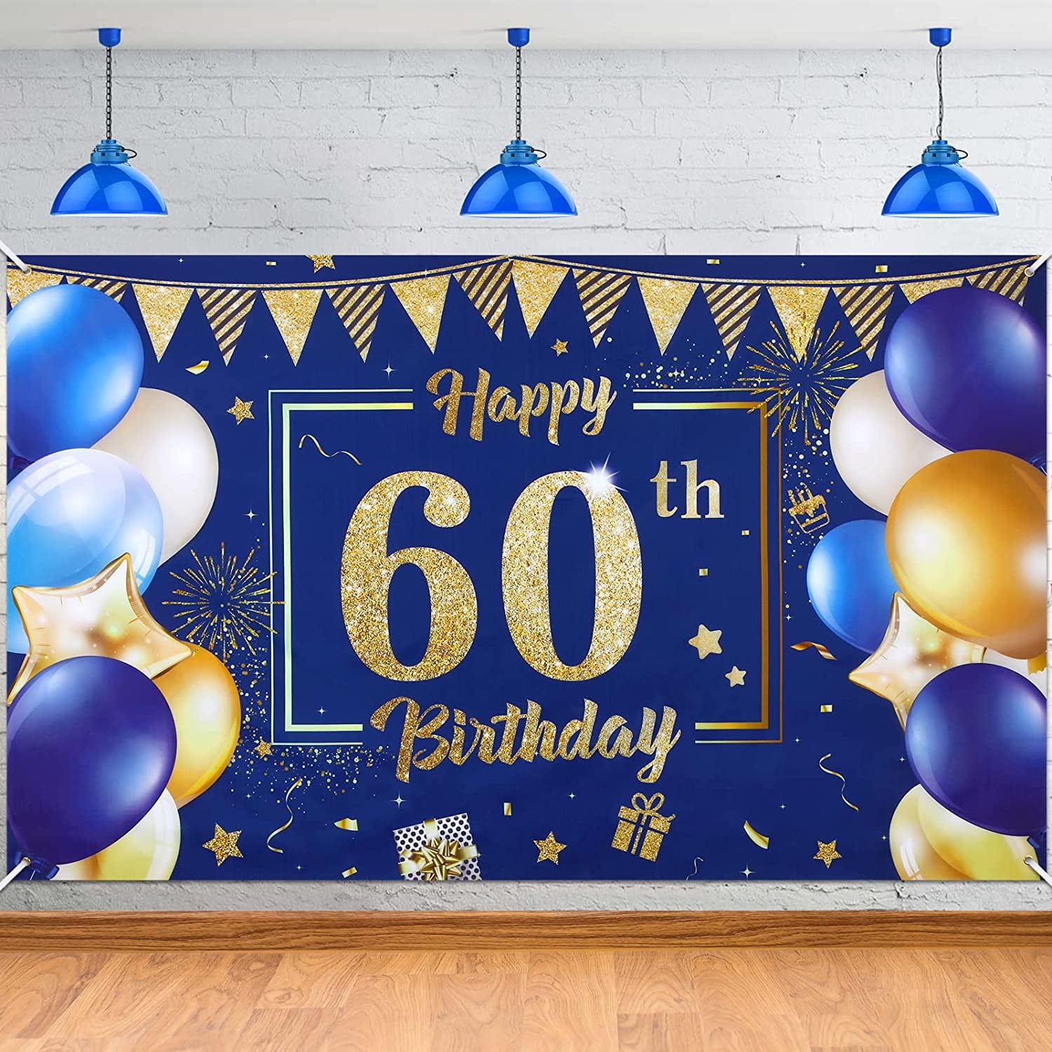 60th Birthday Decoration Banner for Men Women, Blue Gold Happy 60th ...