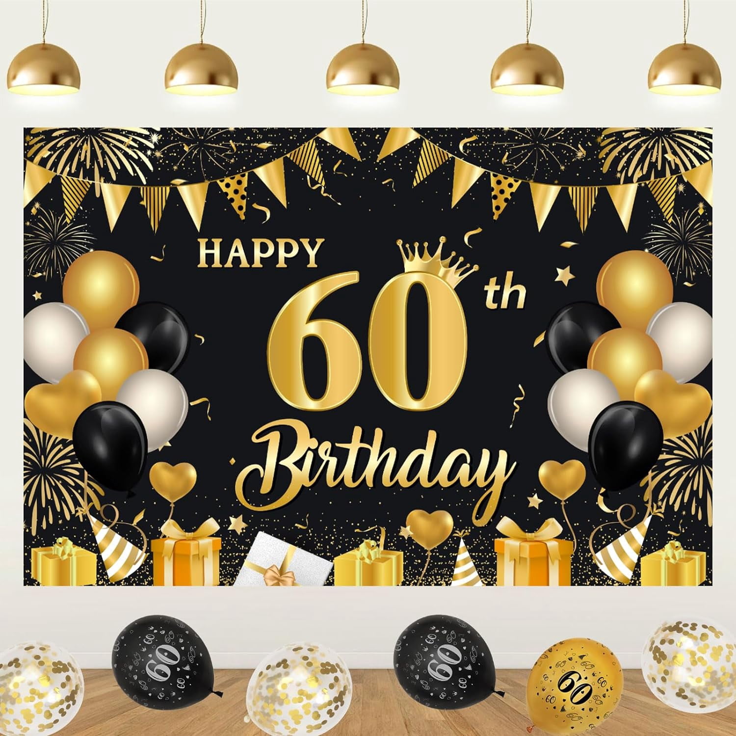 60th Birthday Decorations Black and Gold, Happy 60th Birthday Backdrop ...