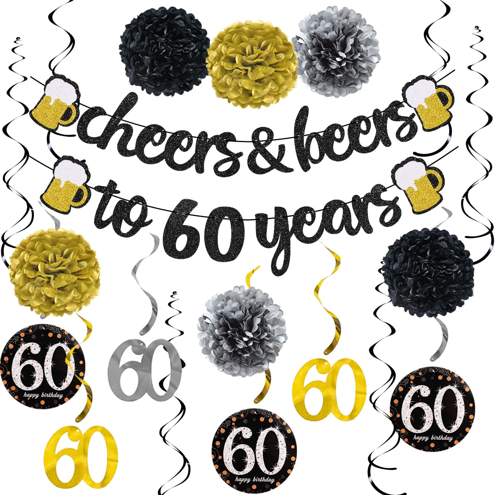 60th Birthday Decorations Kit MMF7 for Men Women, Cheers to 60 Years Banner with Pom Poms ...