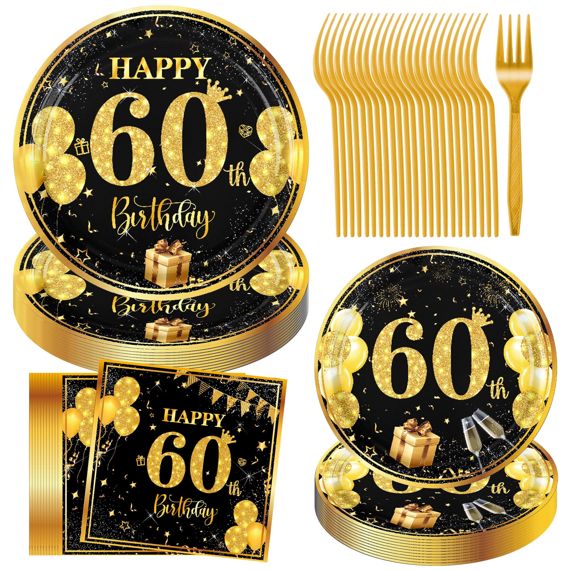 60th Birthday Decorations for MMF7 Men, 96PCS 60th Birthday and Napkins Black Gold Tableware ...