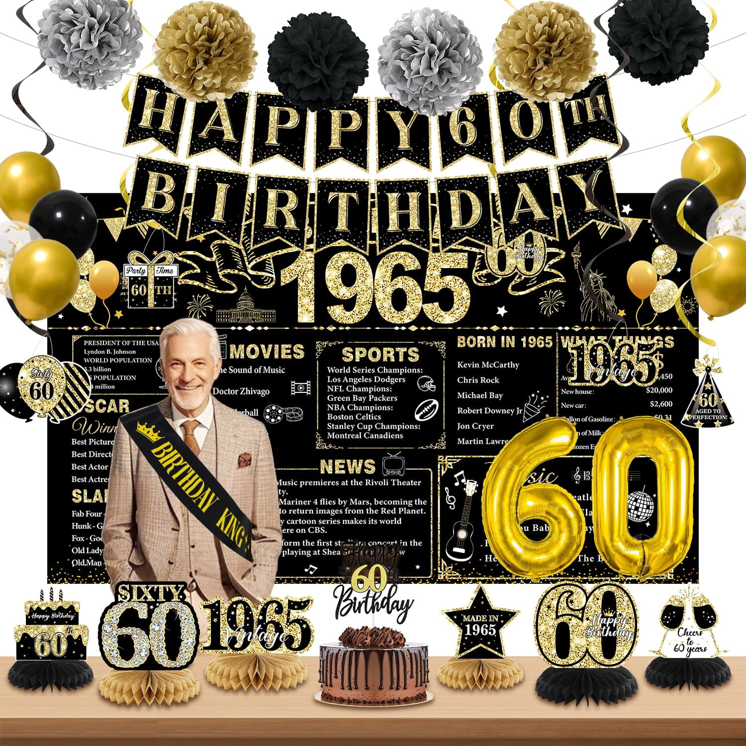 60th Birthday Decorations for Men, Black ZLK1 Gold Back In 1965 Birthday Banner Decorations ...