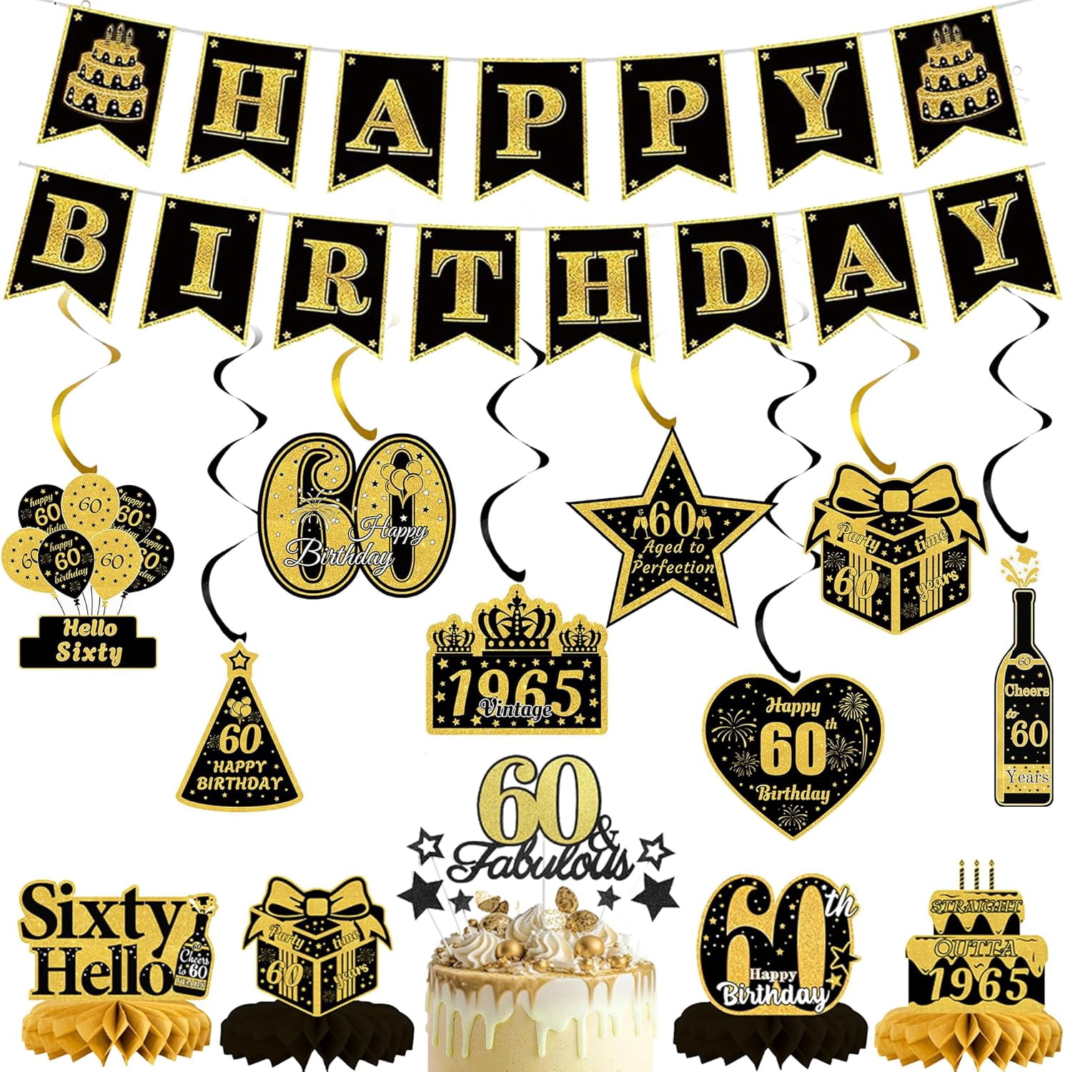 60th Birthday Decorations for Men Women - 21 Pcs Black Gold 60th Party ...