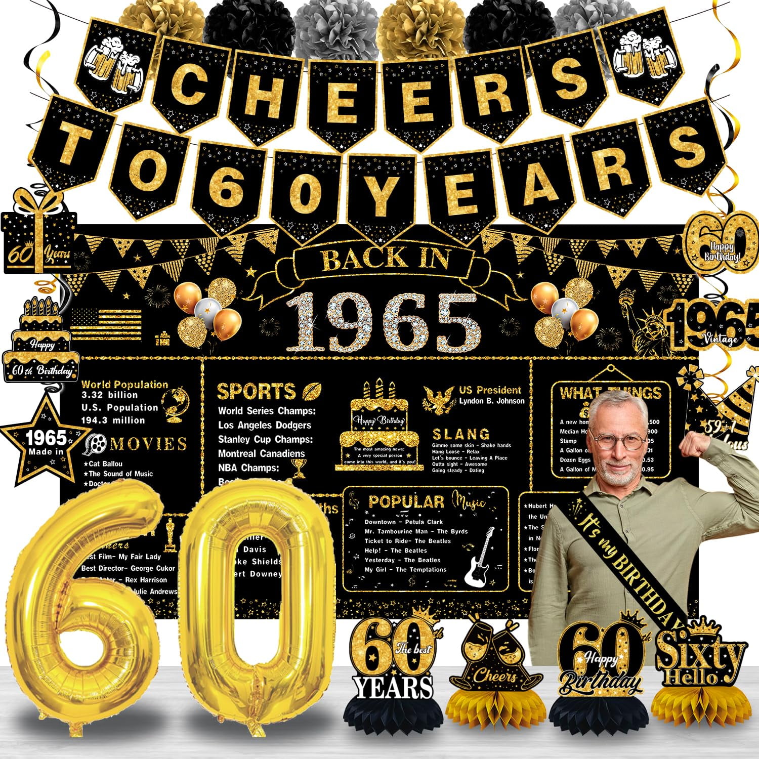 60th Birthday Decorations for SSF20 Men Women, 21pcs in 1965 Banner ...